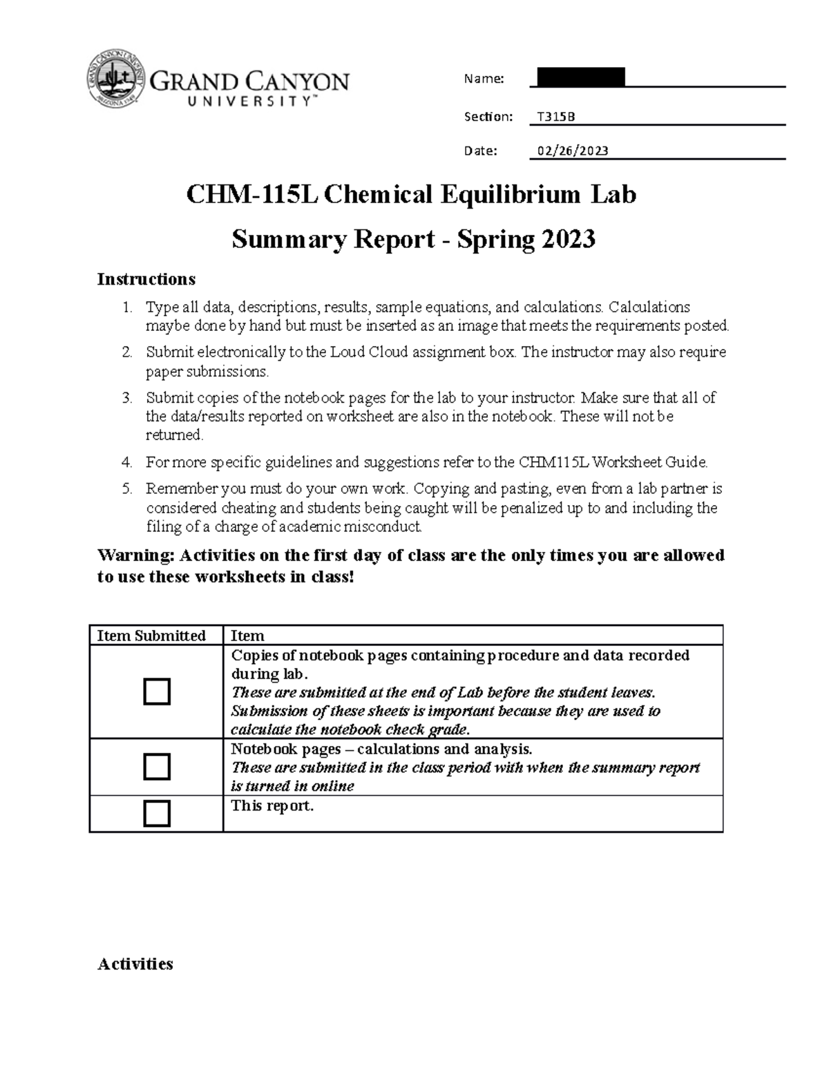 Grace K CHM-115L Lab4 Summary Report on Chemical Equilibrium - Sp23 ...