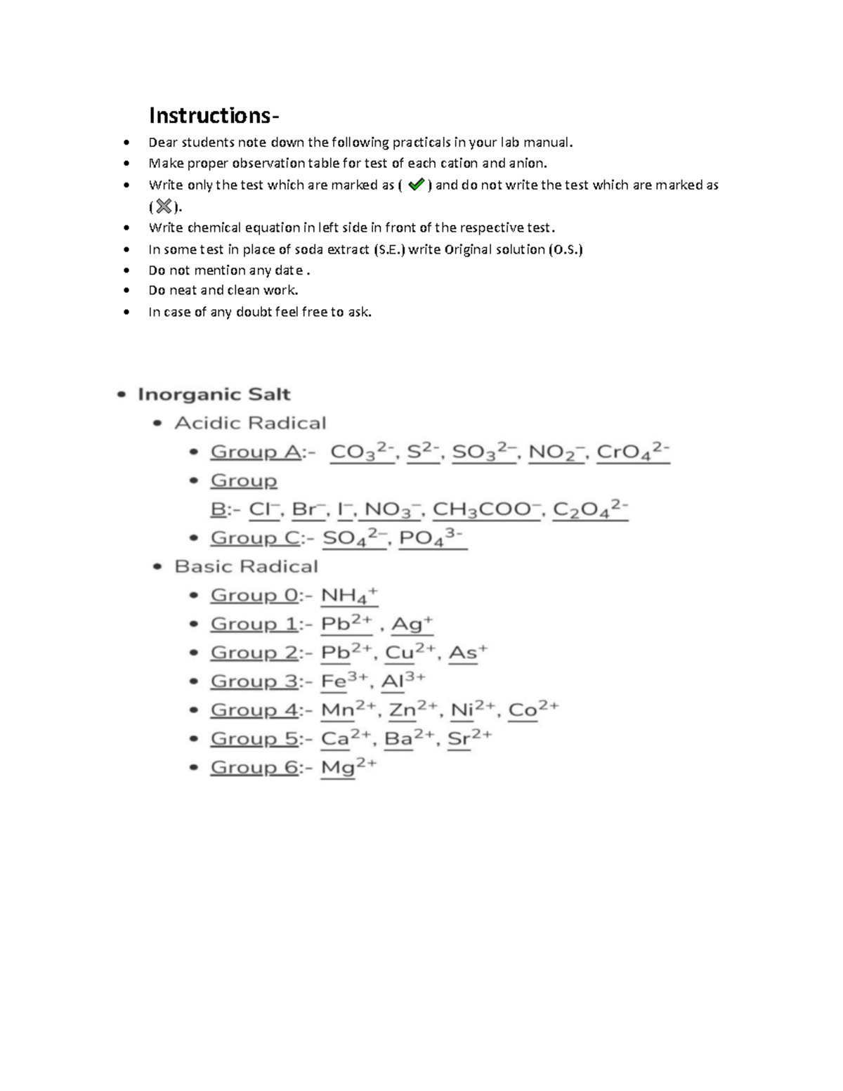 Practical Work: Cation & Anion Detection in Lab Manual - Studocu