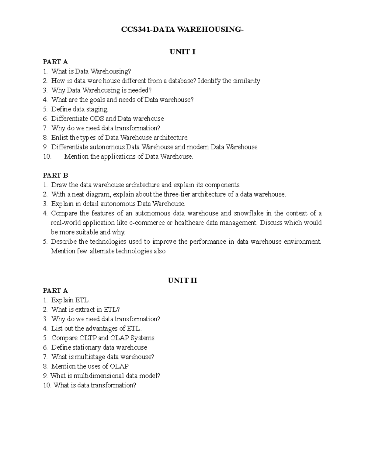 CCS341 Data Warehousing Unit I & II Study Guide - Studocu