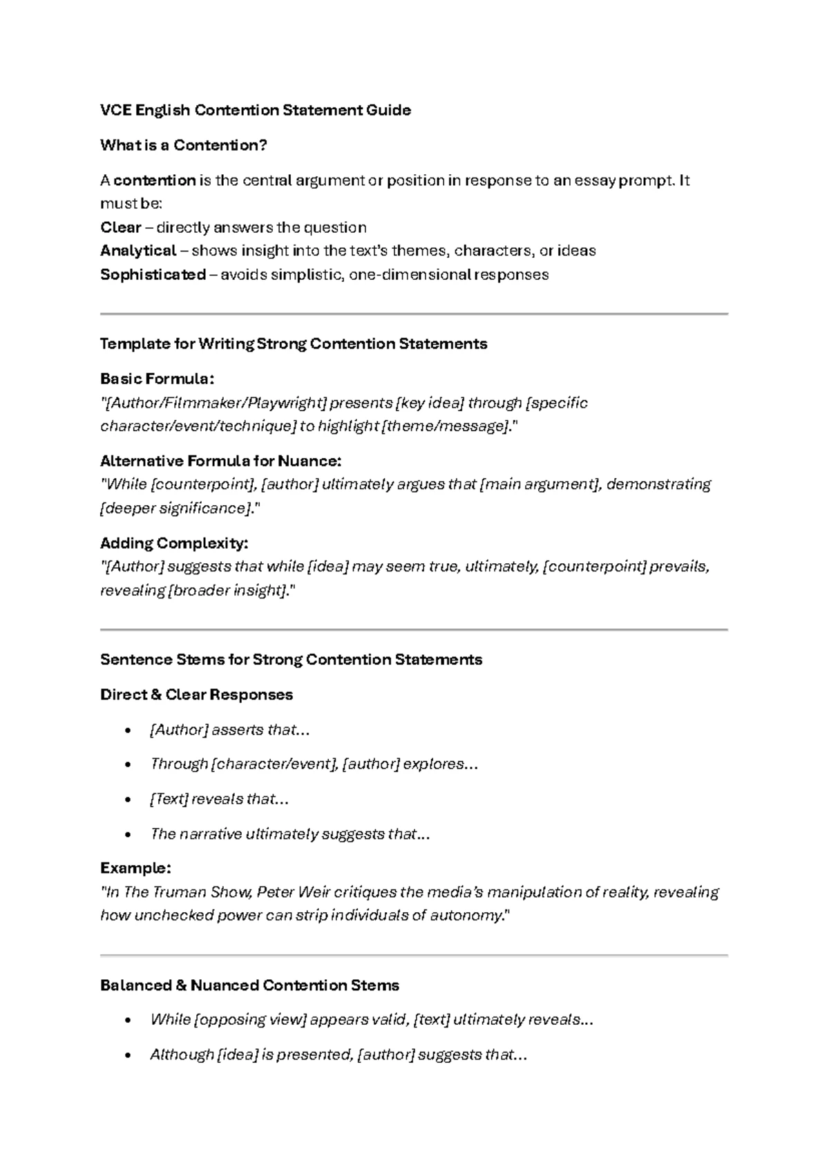 Guide to Writing Effective Contention Statements for VCE English - Studocu