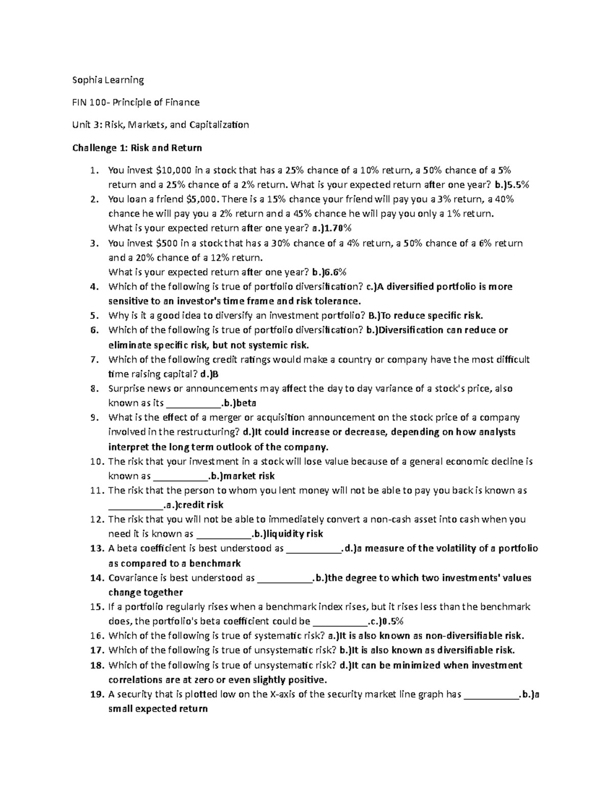 FIN 100 - Principles of Finance Unit 3 Challenge Qs: Risk & Markets ...