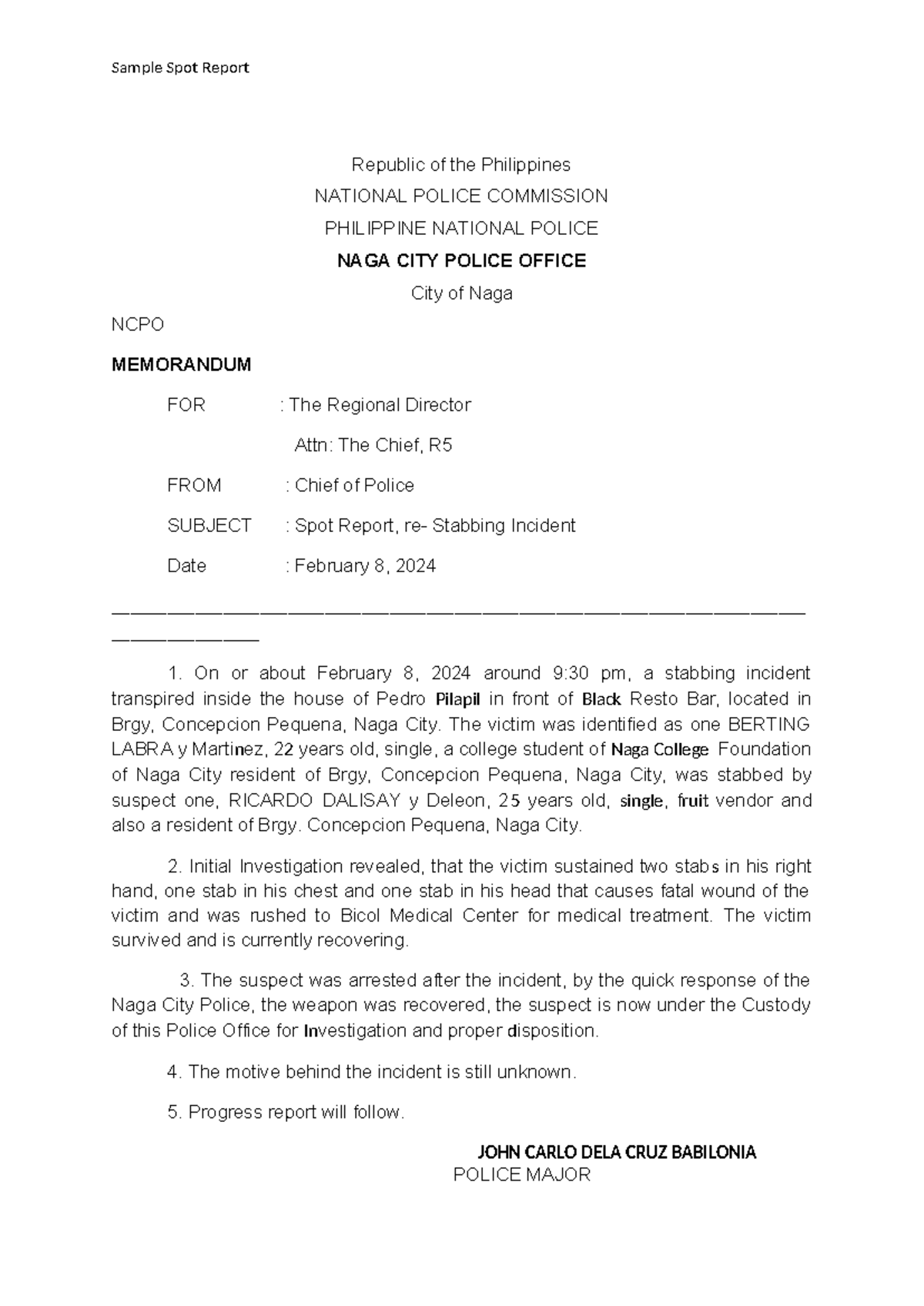 SPOT Report: Stabbing Incident in Naga City (Feb 8, 2024) - Studocu