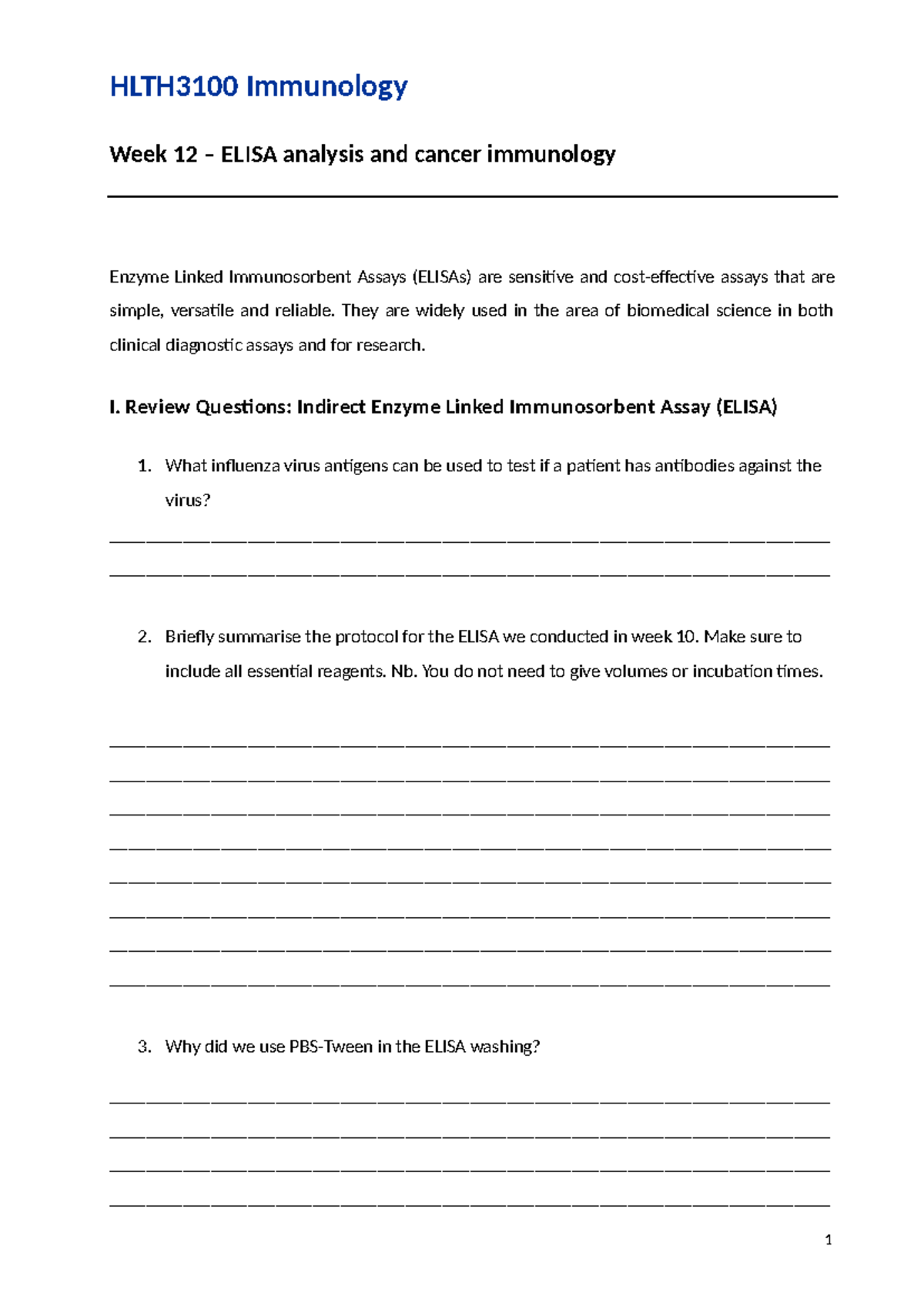 HLTH3100 Week 12: ELISA Analysis & Cancer Immunology Review - Studocu