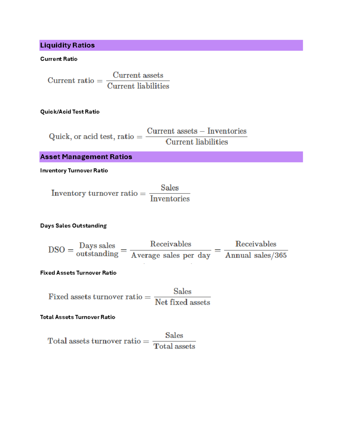 FIN MAN CHAP 4 Formulas - Financial Management - Liquidity Ratios ...