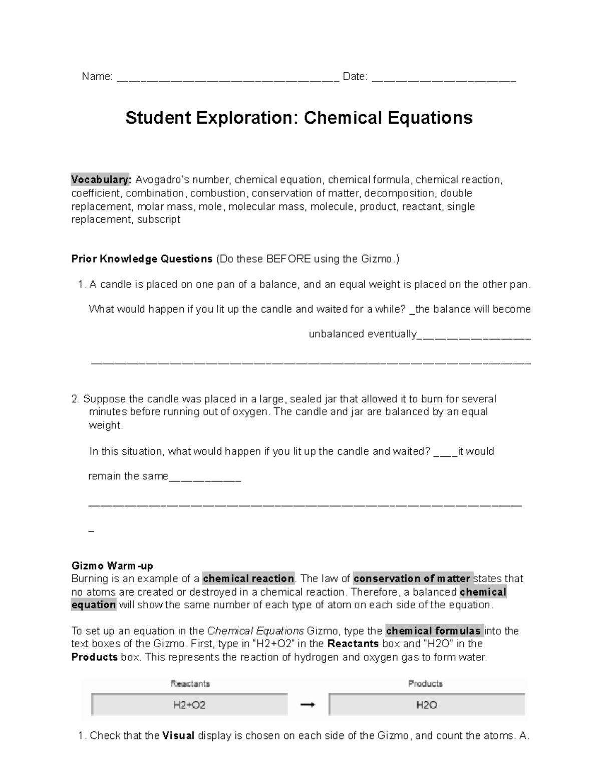 Chem 101: Student Exploration on Chemical Equations and Reactions - Studocu