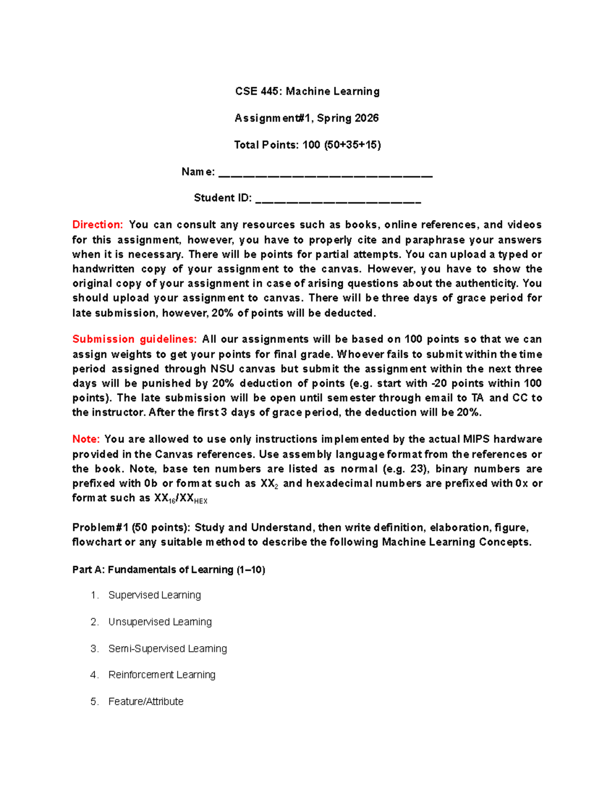 CSE 445: Machine Learning Assignment #1 Guidelines Spring 2026 - Studocu