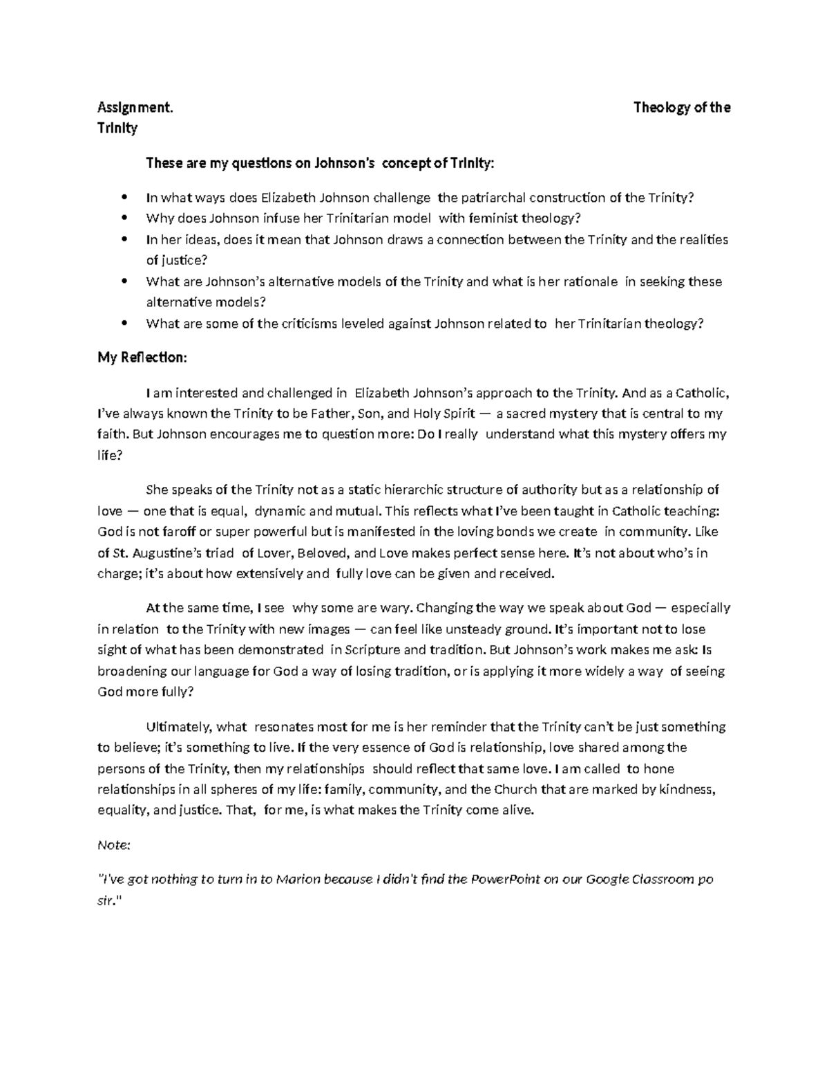 Assignment: Exploring Elizabeth Johnson's Feminist Theology of the ...