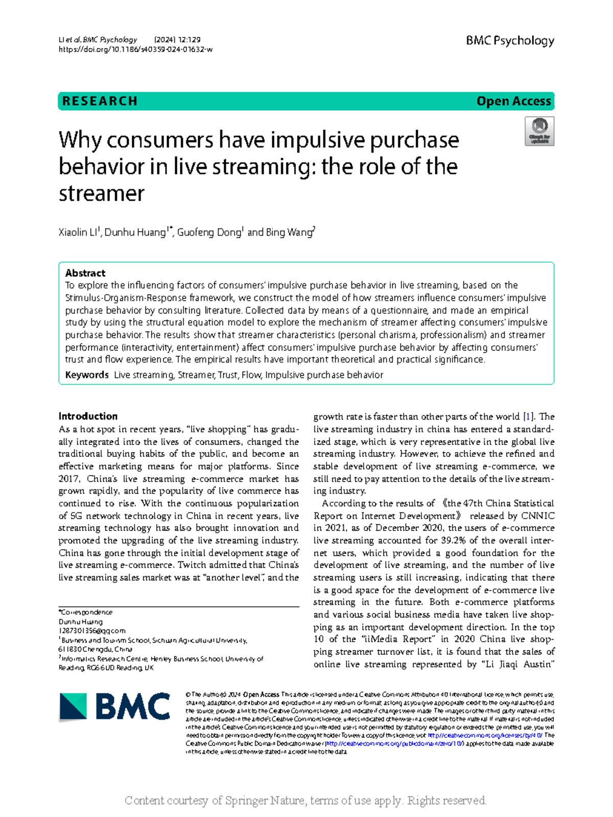 BMC Psychology 12:129 - Impulsive Purchase Behavior in Live Streaming - Studocu