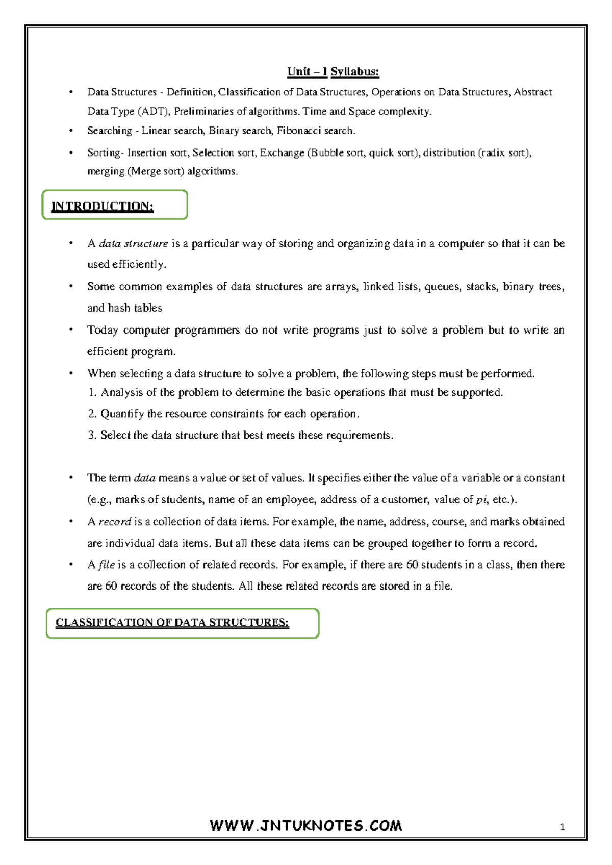 DATA Structures - UNIT I Syllabus: Definitions, Classifications, and Algorithms - Studocu