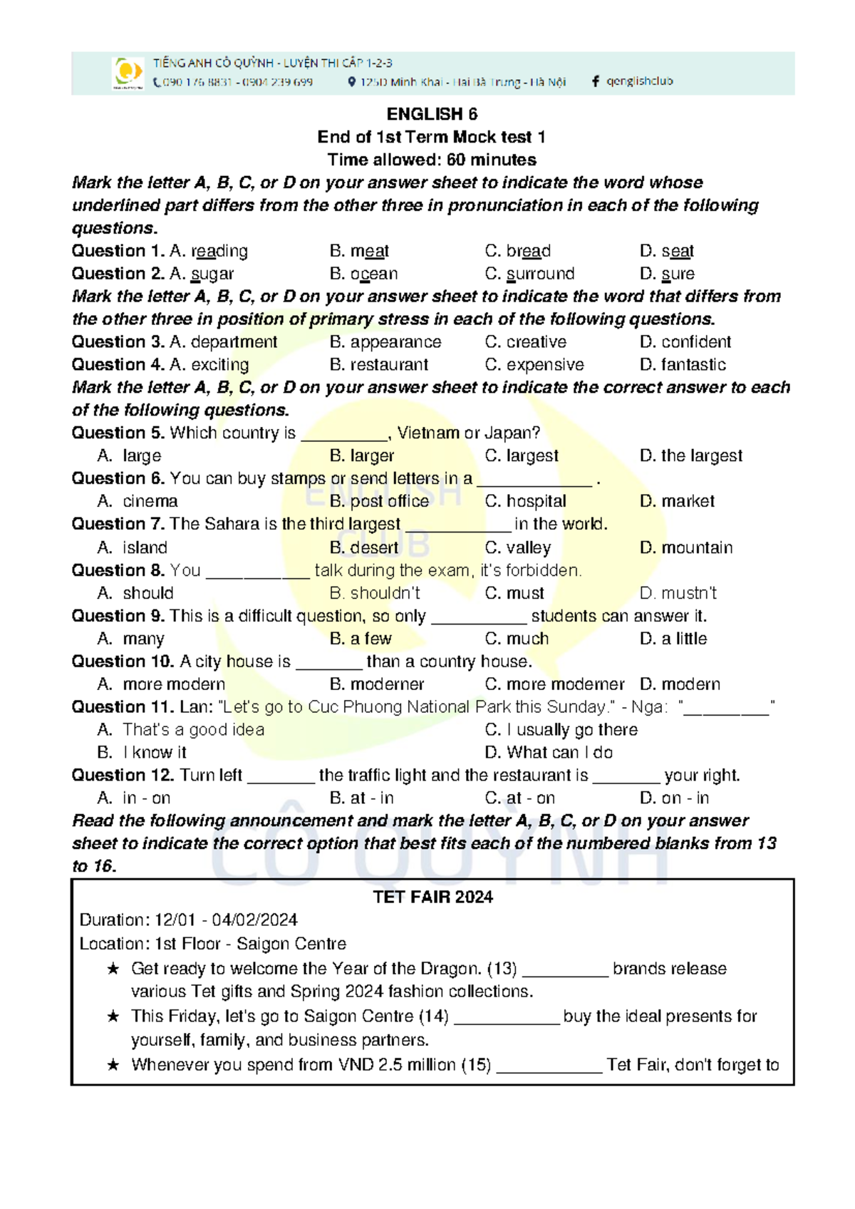 ENGLISH 6 Mock Test 1 - End of 1st Term Review - Studocu