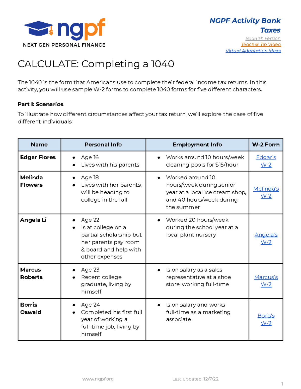 Calculating a 1040: Federal Tax Return Scenarios and Completion - Studocu
