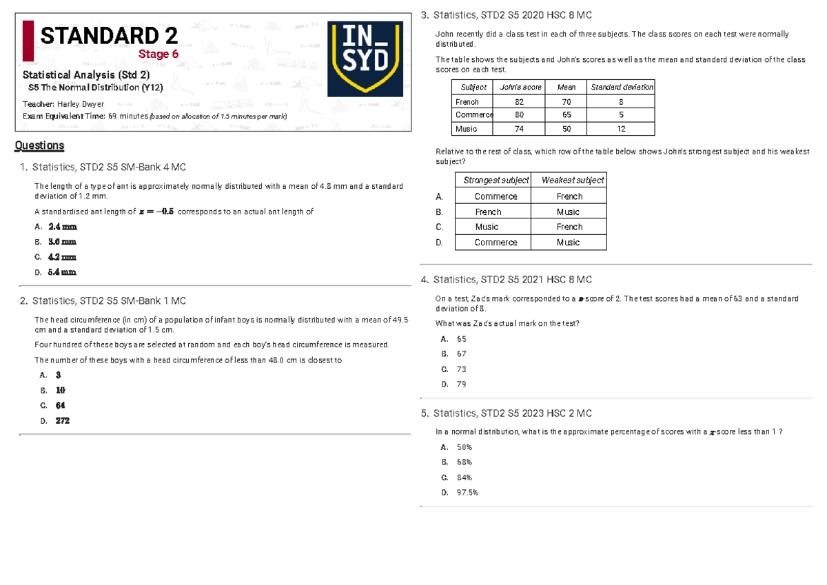HSC Questions on Normal Distribution - Statistics STD2 S5 Analysis ...