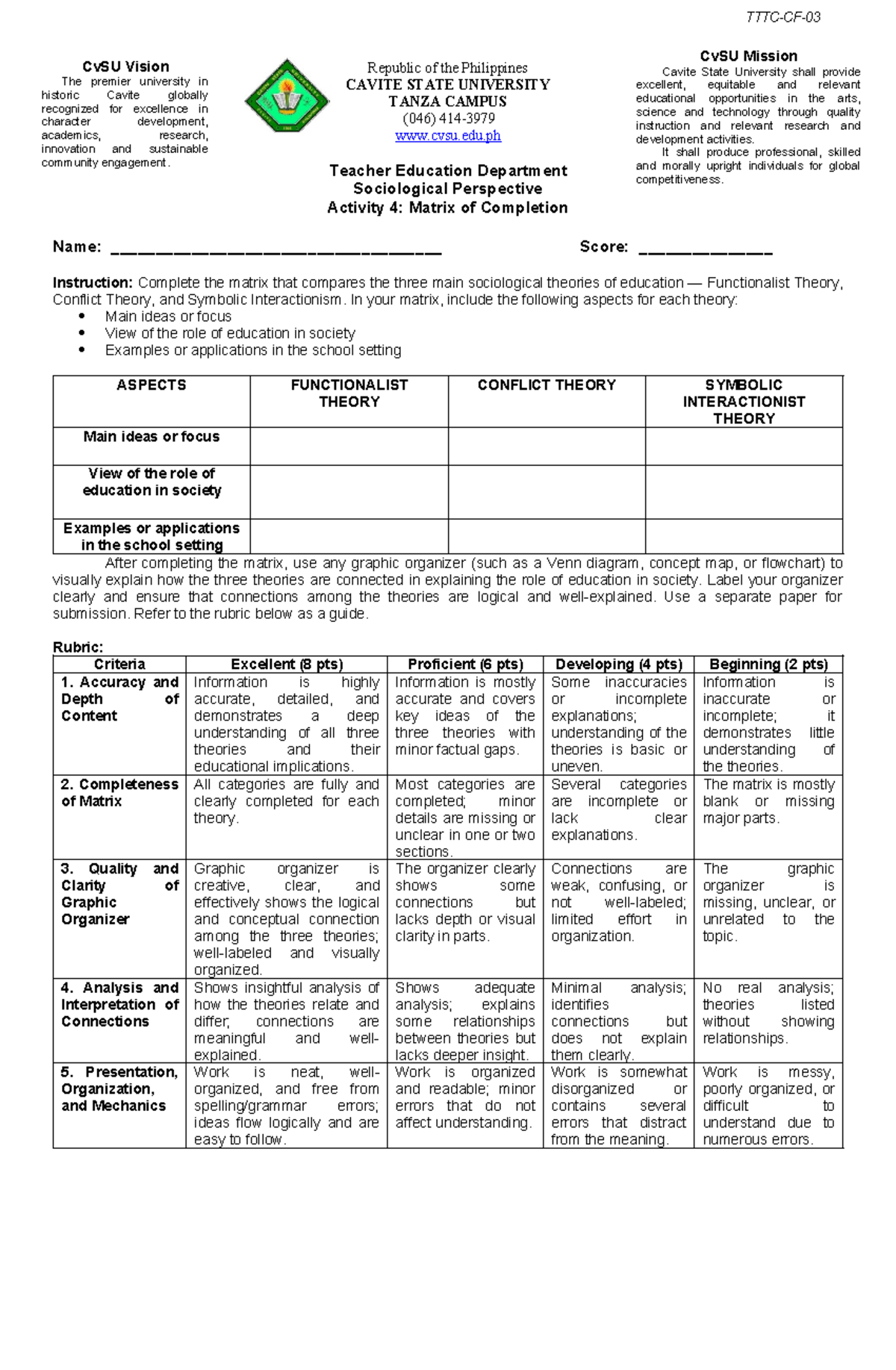 EDUC 60 Activity 4: Sociological Theories Matrix Completion - Studocu