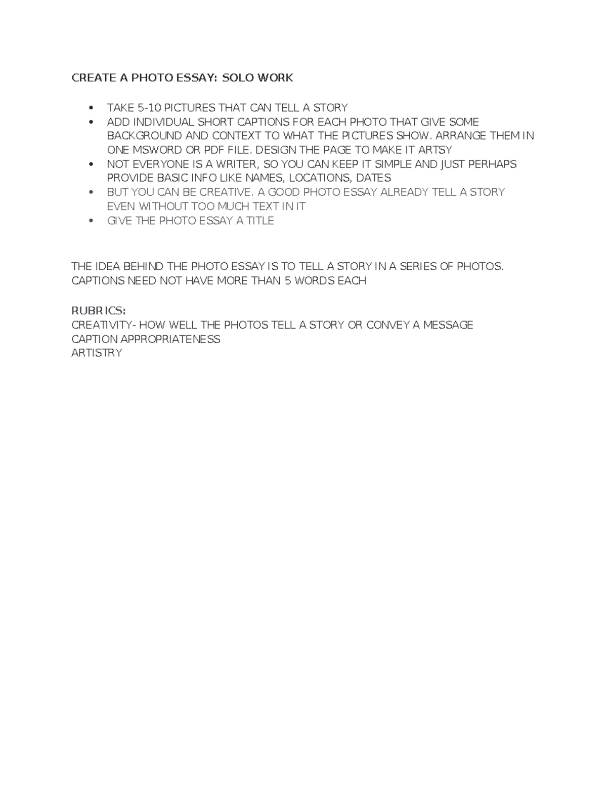 Photo Essay Guidelines: SOLO WORK for Creative Storytelling - Studocu