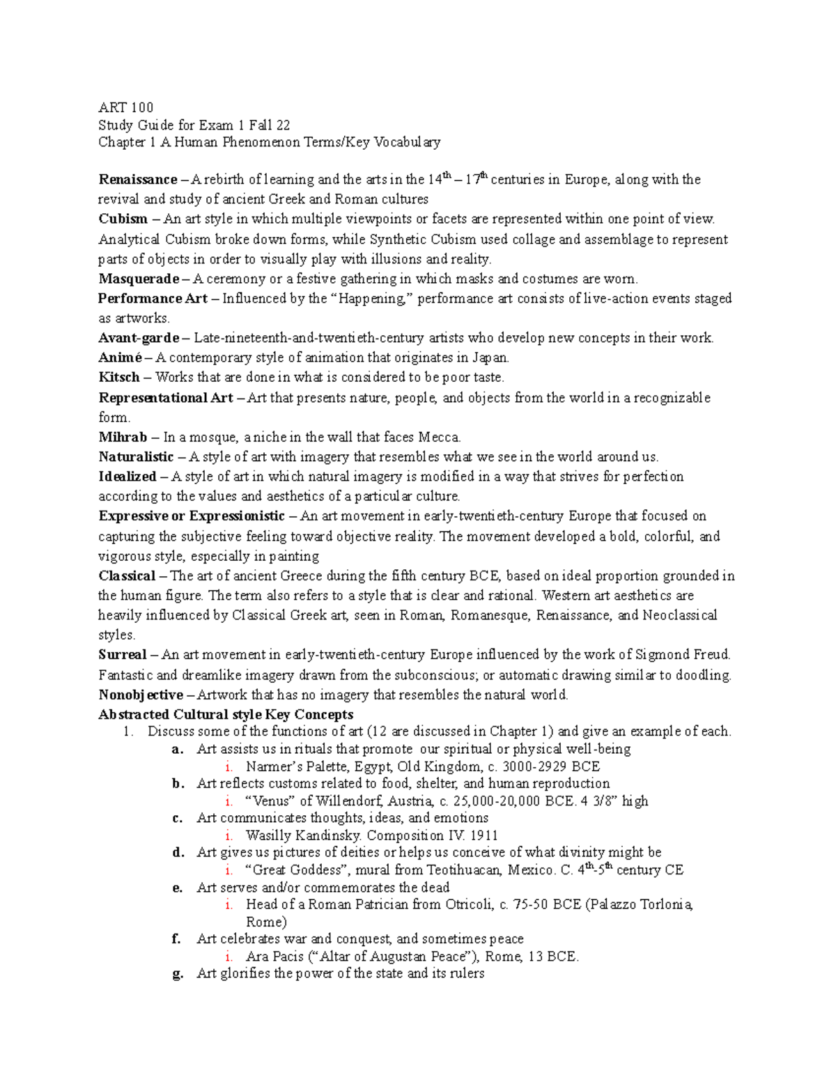 ART 100 Quiz 1 Study Guide: Key Terms and Concepts from Chapter 1 - Studocu