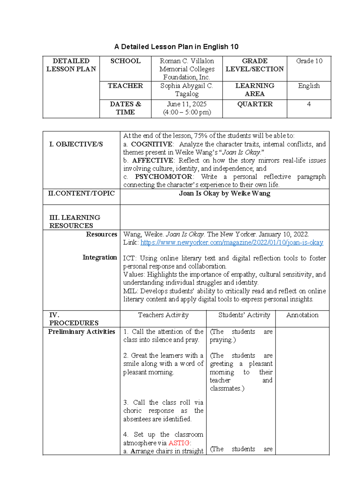 DLP: Detailed Lesson Plan for English 10 on "Joan Is Okay" - Studocu