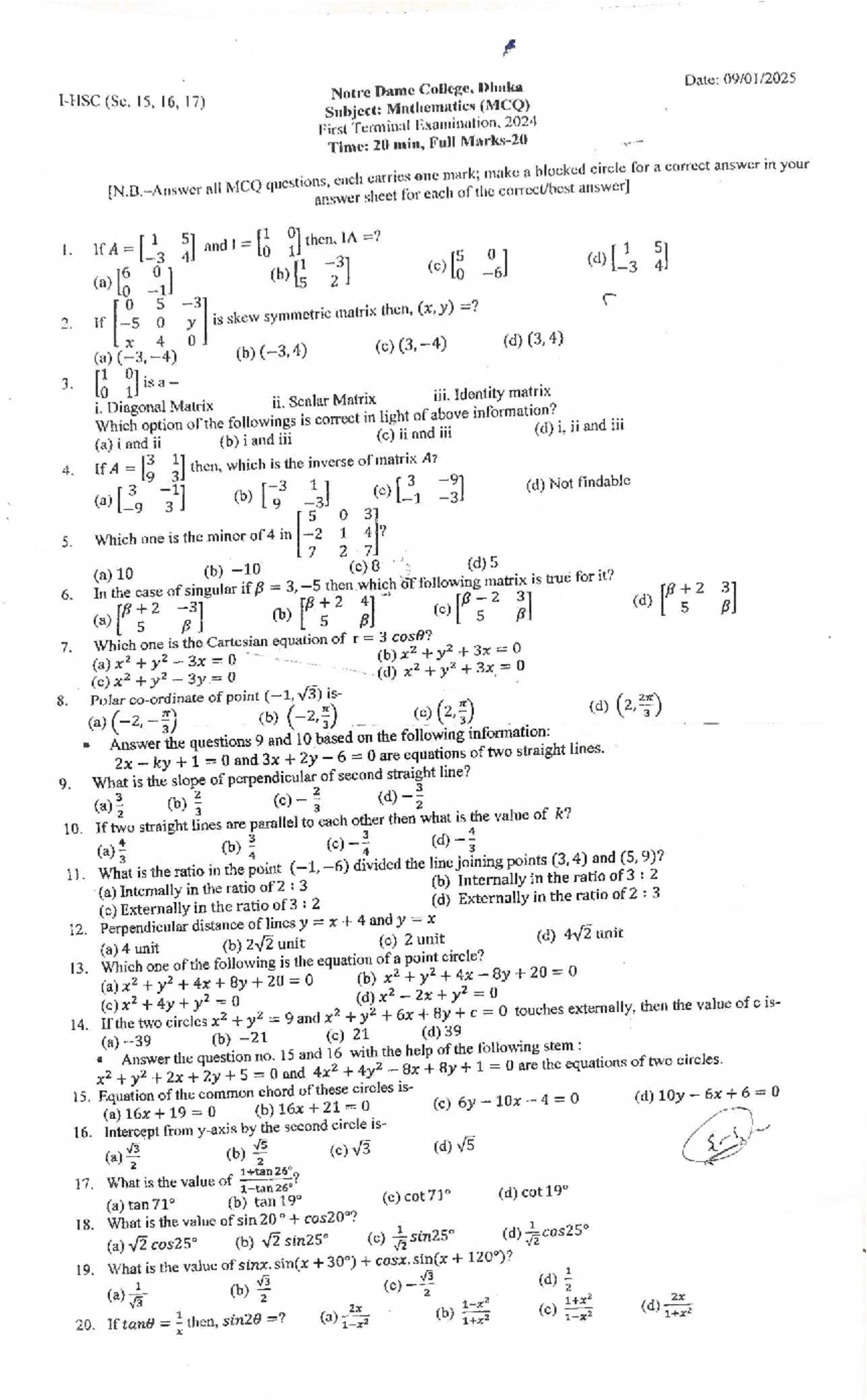 Mathematics (MCQ) First Terminal Exam (Sc. 15, 16, 17) 2024 - Studocu
