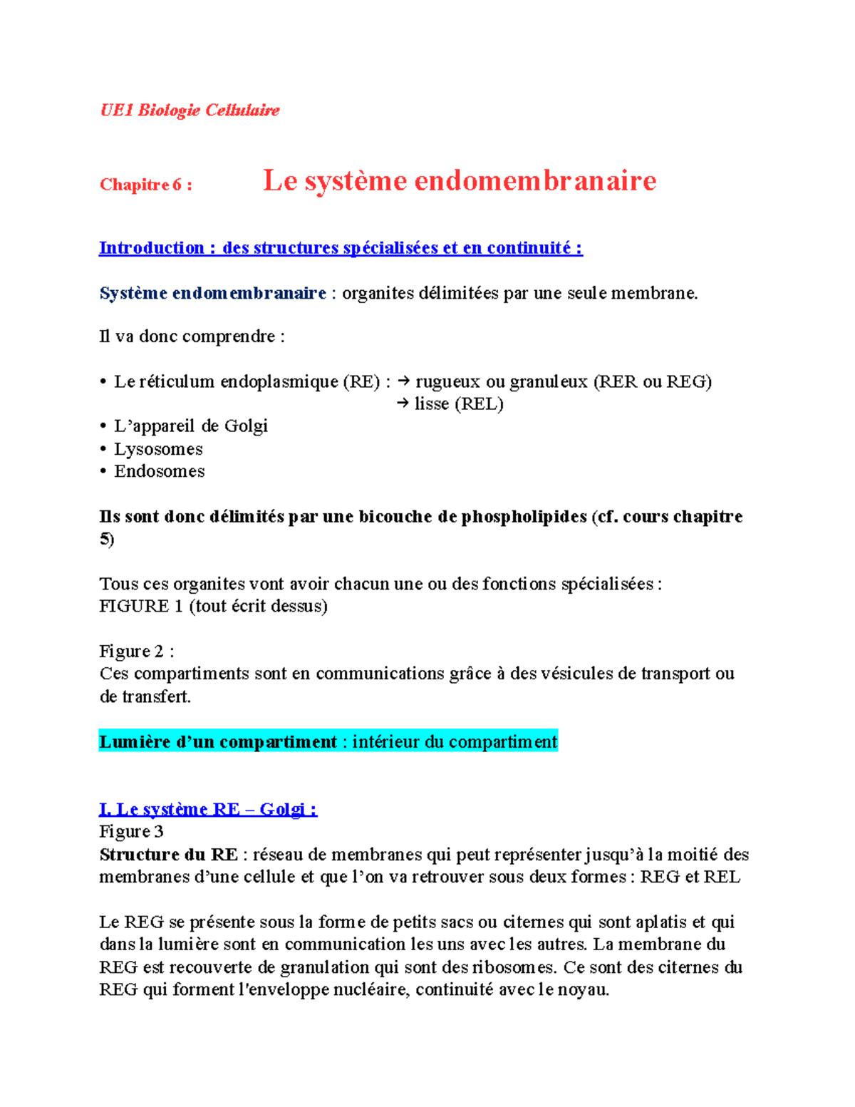 UE1 Biologie Cellulaire Chapitre 6 : Système Endomembranaire et ...