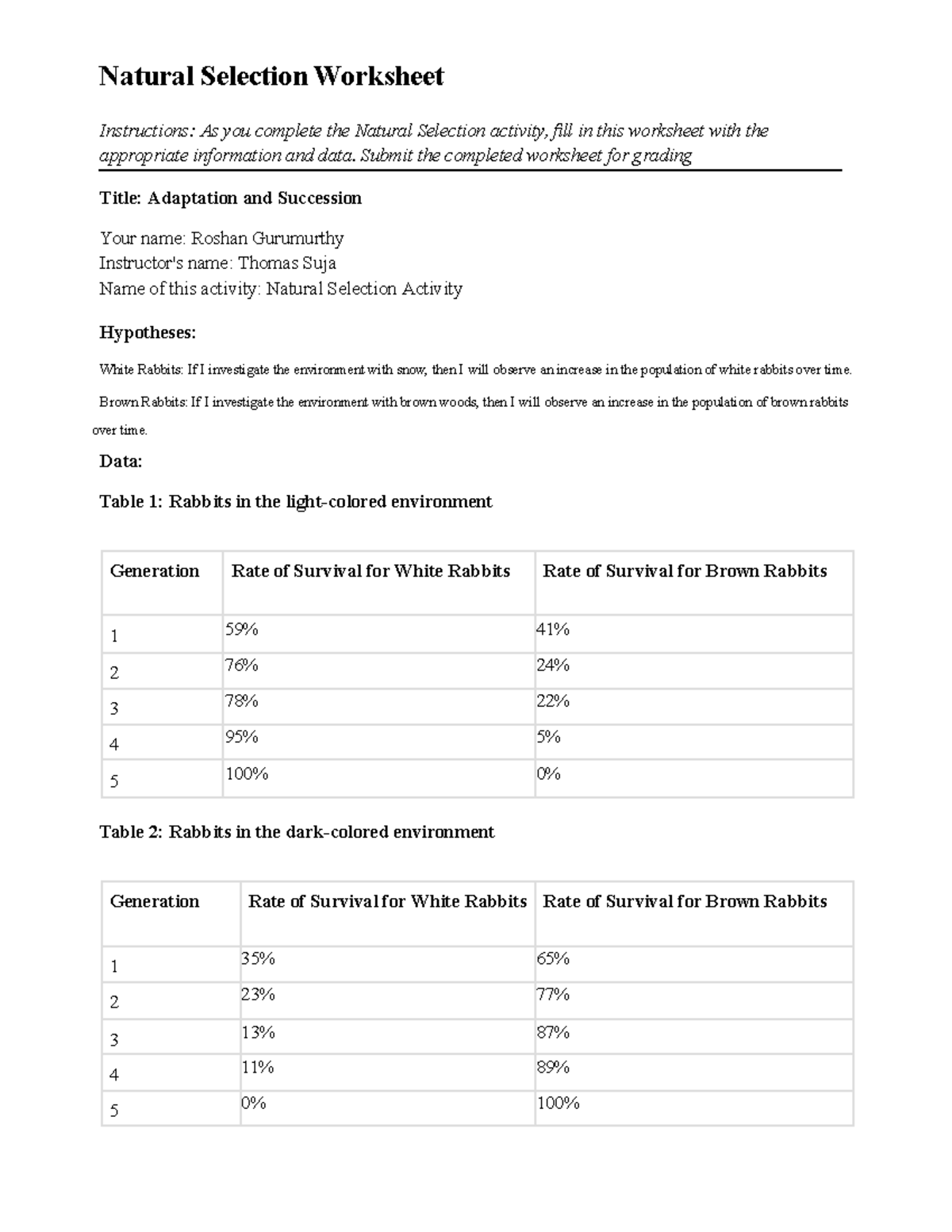 Natural Selection Activity Worksheet: Adaptation Insights - Studocu