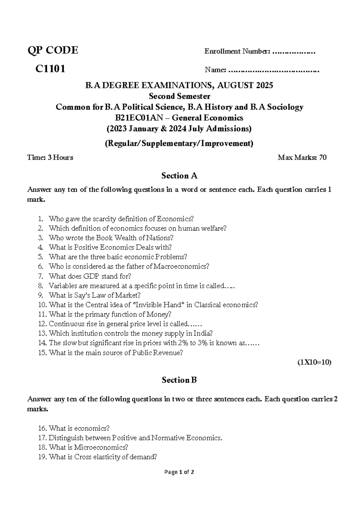 B.A. Degree Exam QP: General Economics B21EC01AN - Aug 2025 - Studocu