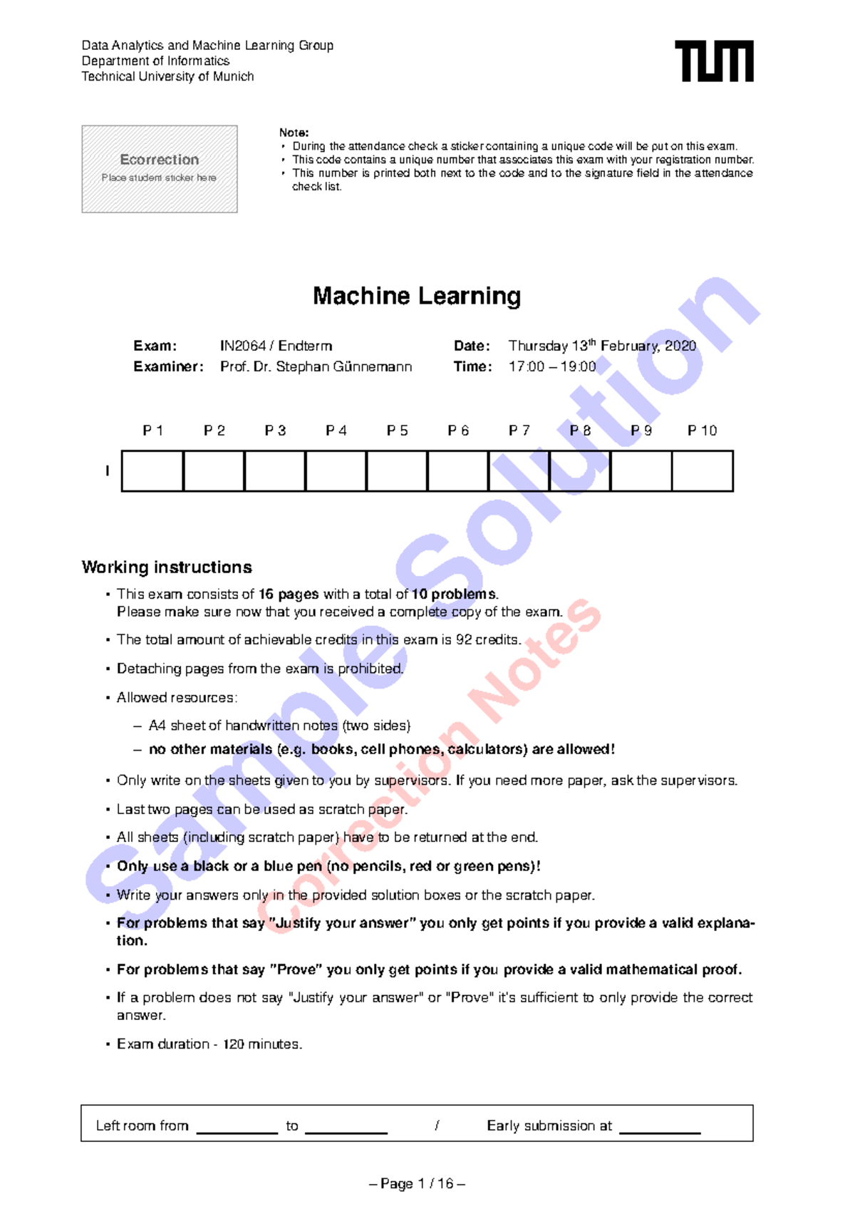 Machine Learning Exam Solution - Sample SolutionCorrection Notes Data ...
