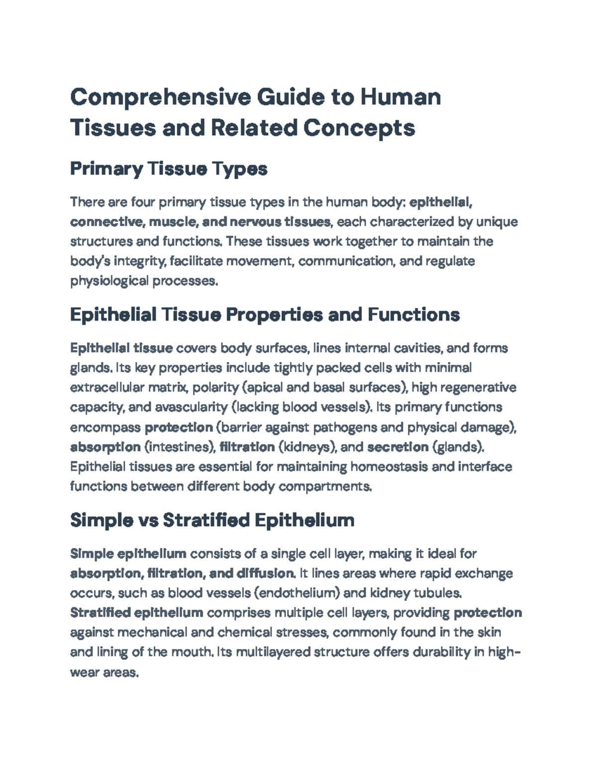 Comprehensive Overview of Human Tissues and Their Functions (BIO 101 ...