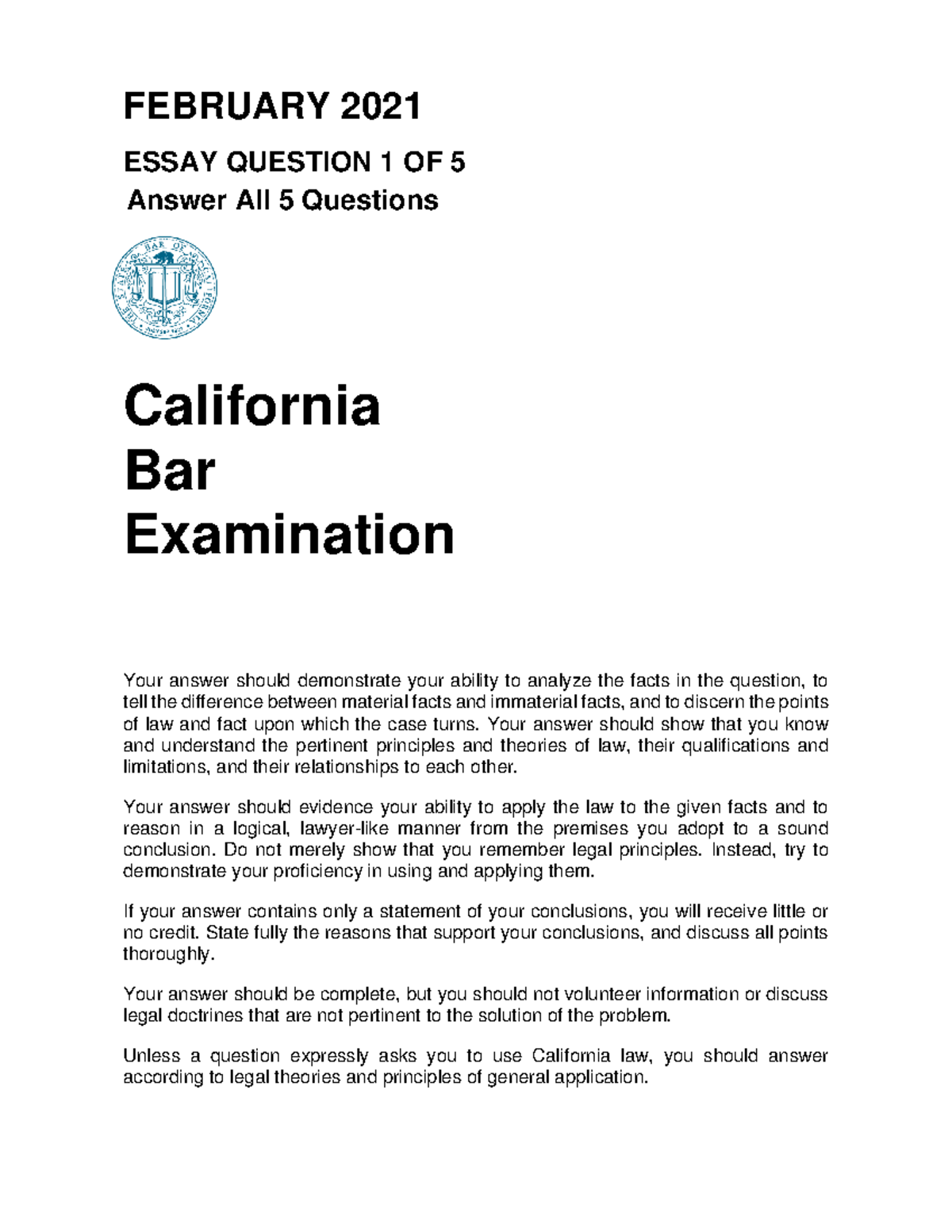 February 2021 California Bar Exam Essay Questions and Performance Test ...