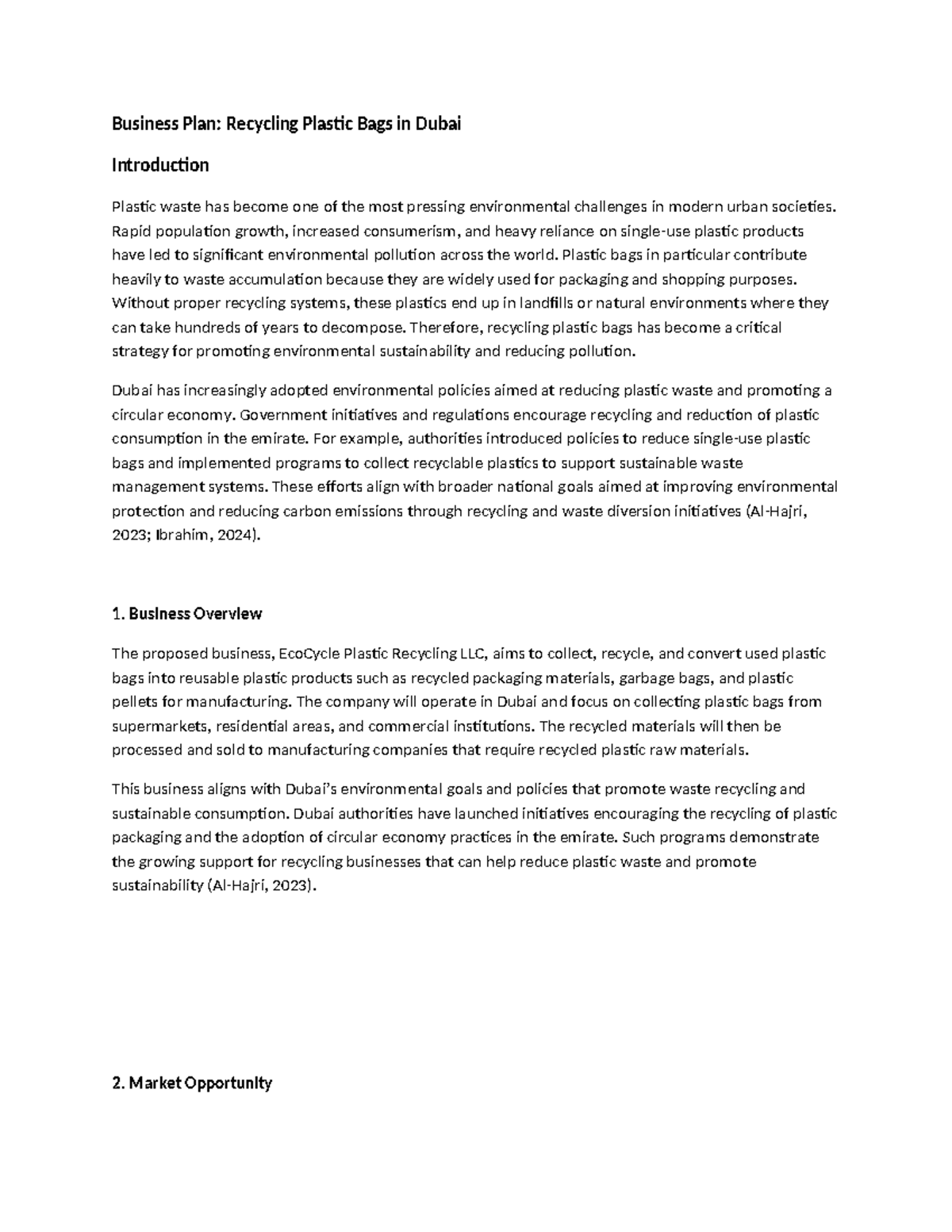 Business Plan: Recycling Plastic Bags in Dubai - Quiz Practice - Studocu