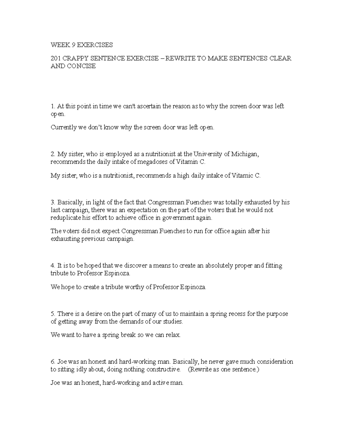 WEEK 9 ASSIGNMENT - 201 Exercises for Clarity and Conciseness - Studocu