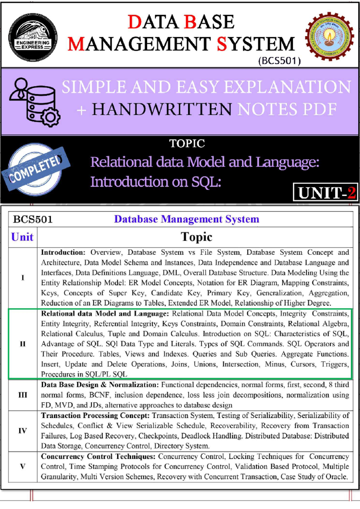 BCS501 Database Management System: Relational Model Handwritten Notes ...