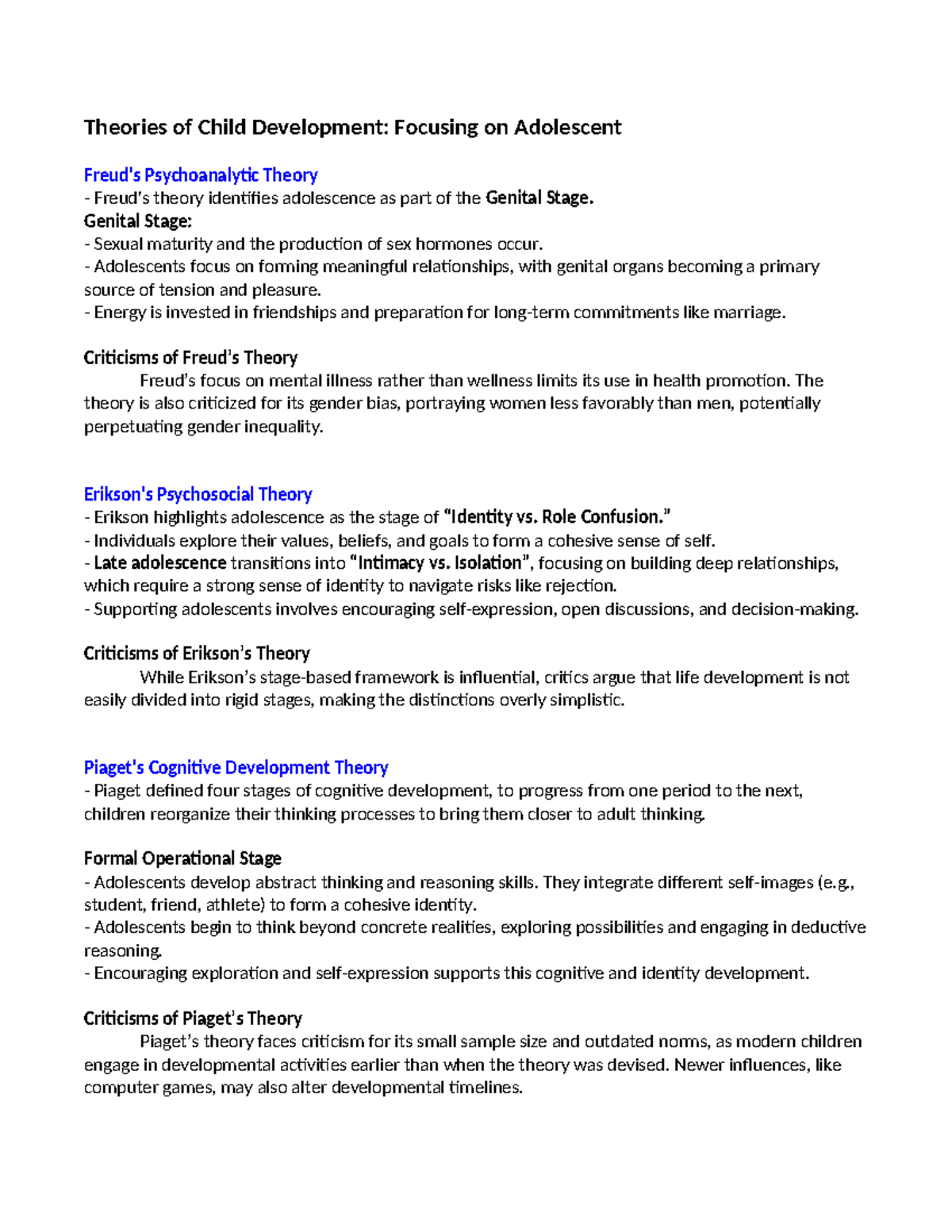Adolescent Development Theories: Insights and Critiques - NOTES - Studocu