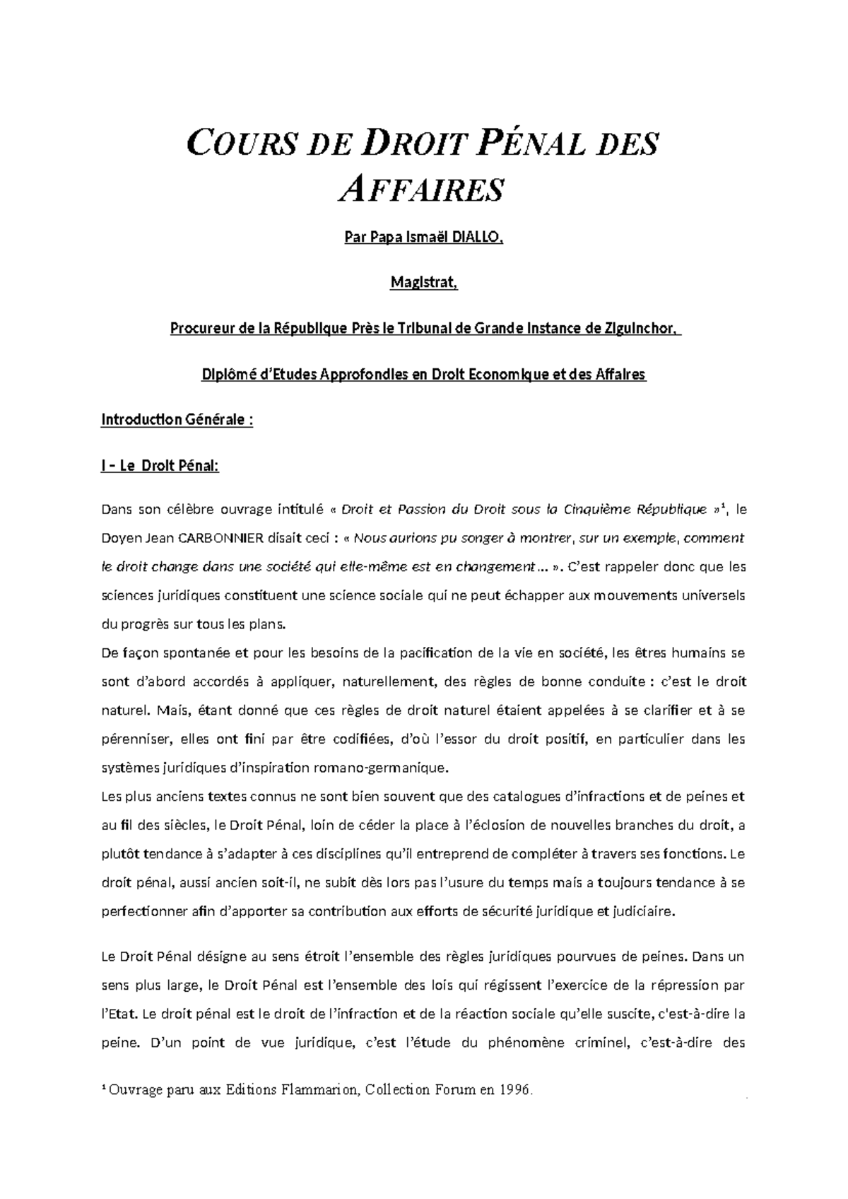 Cours de Droit Pénal des Affaires: Principes et Évolution au Sénégal ...