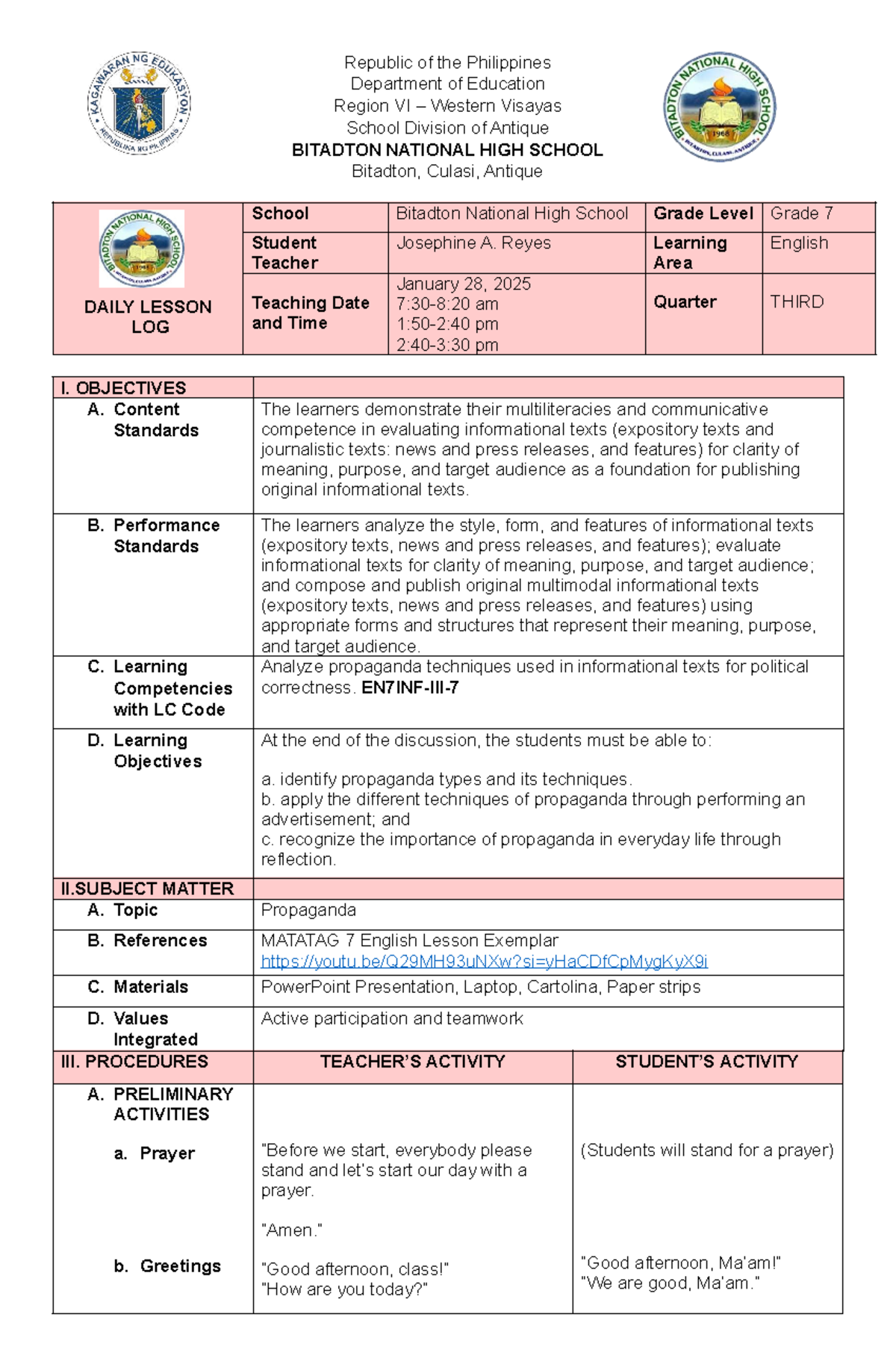 Daily Lesson Log: Grade 7 English on Propaganda Techniques (MATATAG 7 ...