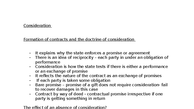 Contract Law Notes: Consideration and Its Implications (LAW 101) - Studocu