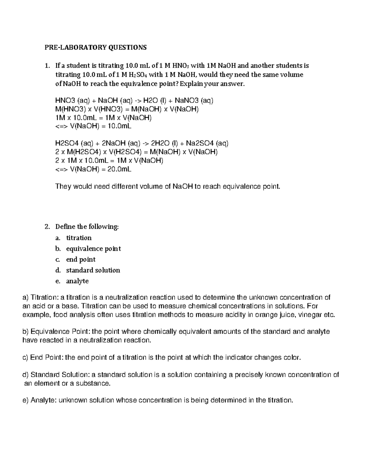 Experiment 7 Acid base titration CHEM 1111 - PRE-LABORATORY QUESTIONS ...