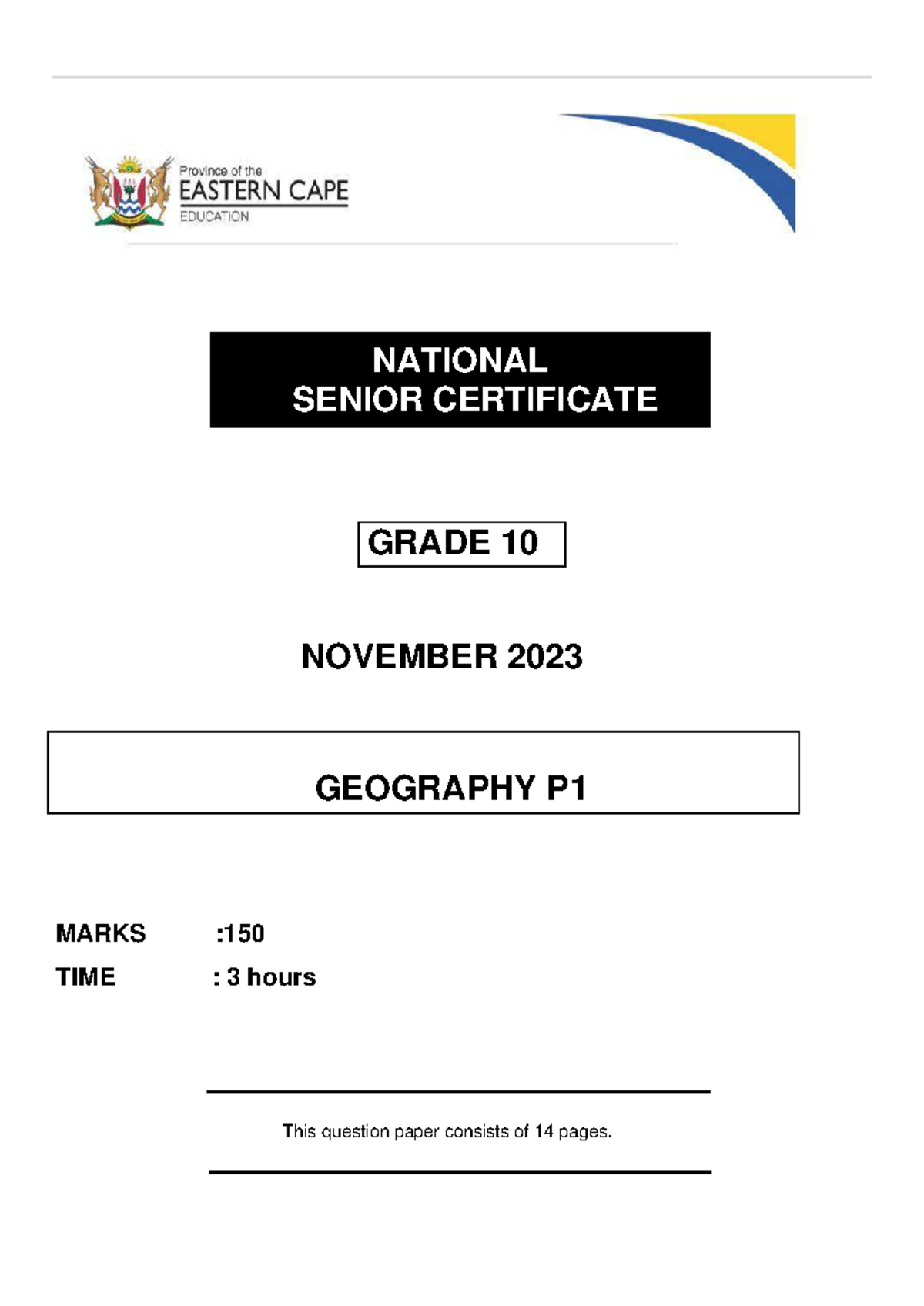 2023 EC Geography G10 P1 November Exam Question Paper - Studocu