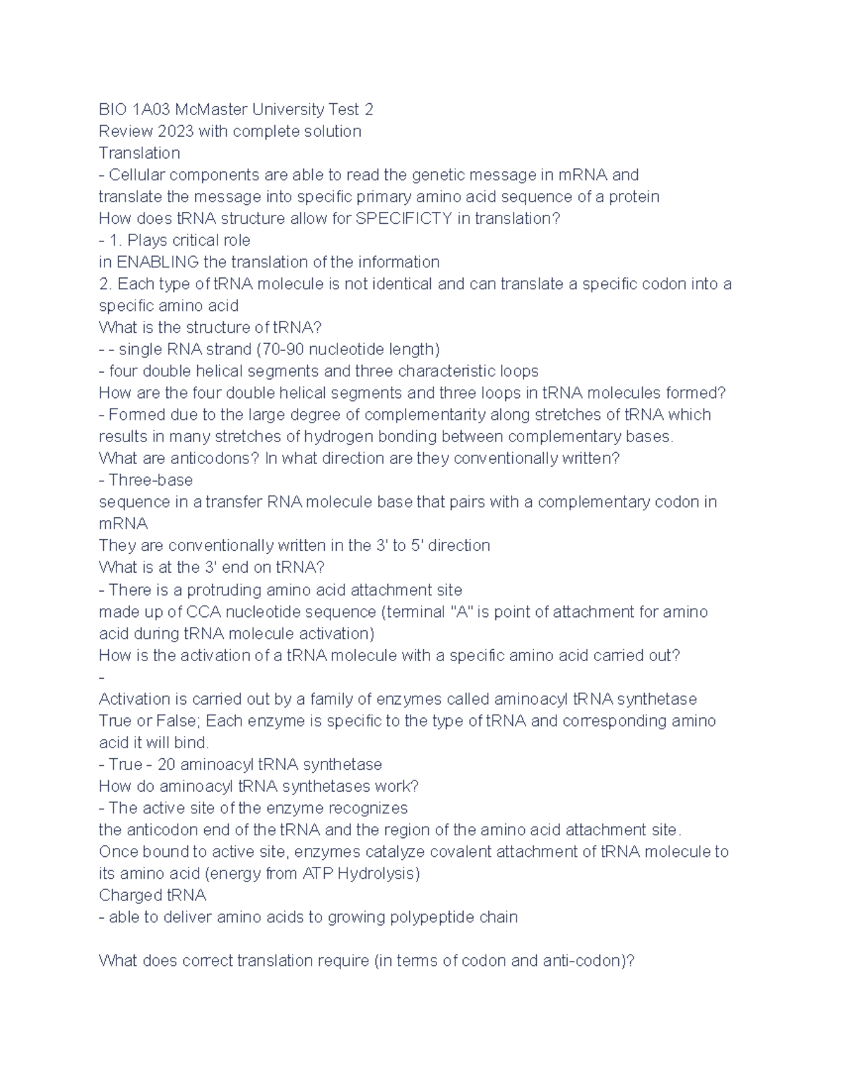 BIO 1A03 McMaster University Test 2 Review: Translation & Gene ...