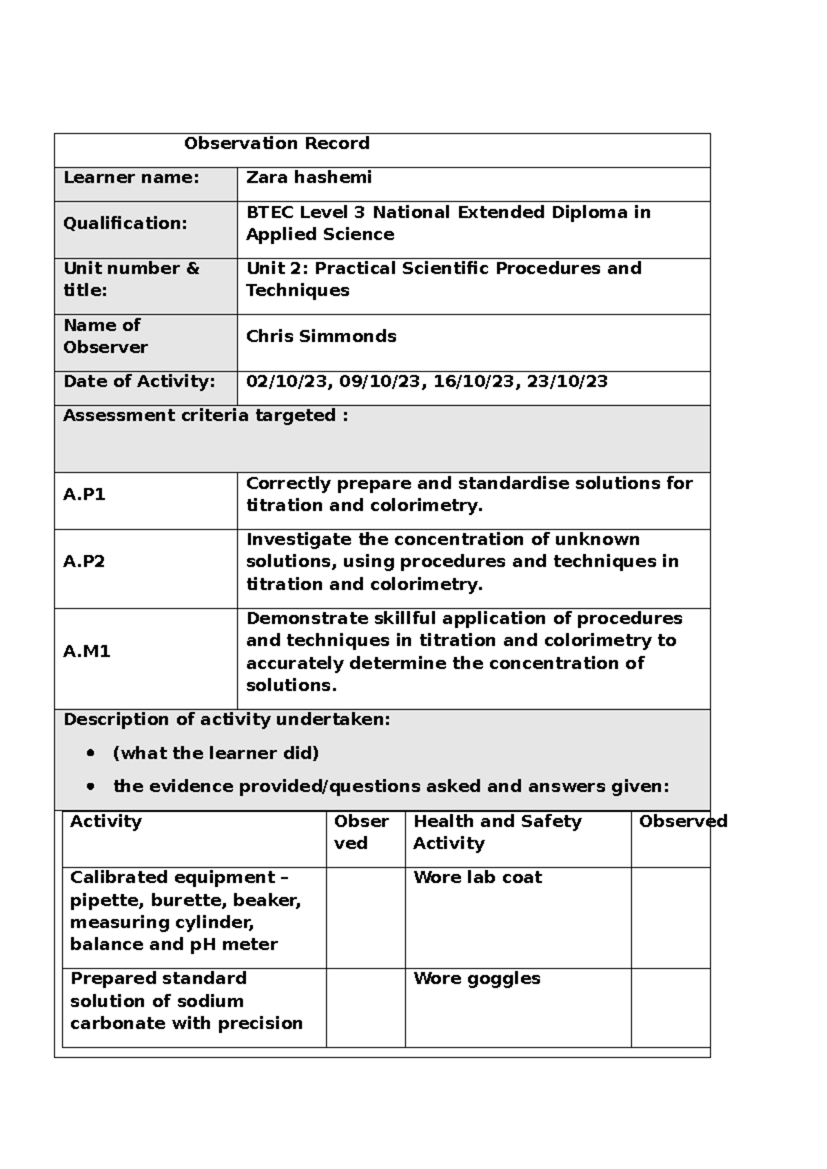 Unit 2: Practical Procedures in Titration & Colorimetry - Observation ...
