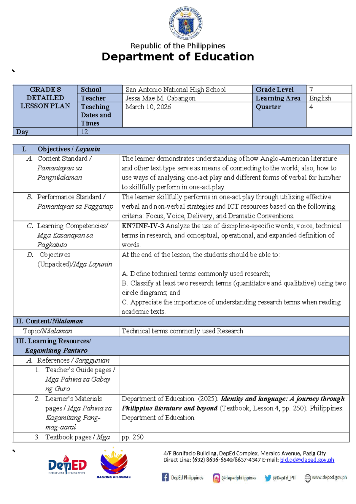 Grade 8 English 4 Detailed Lesson Plan: Understanding Research Terms ...