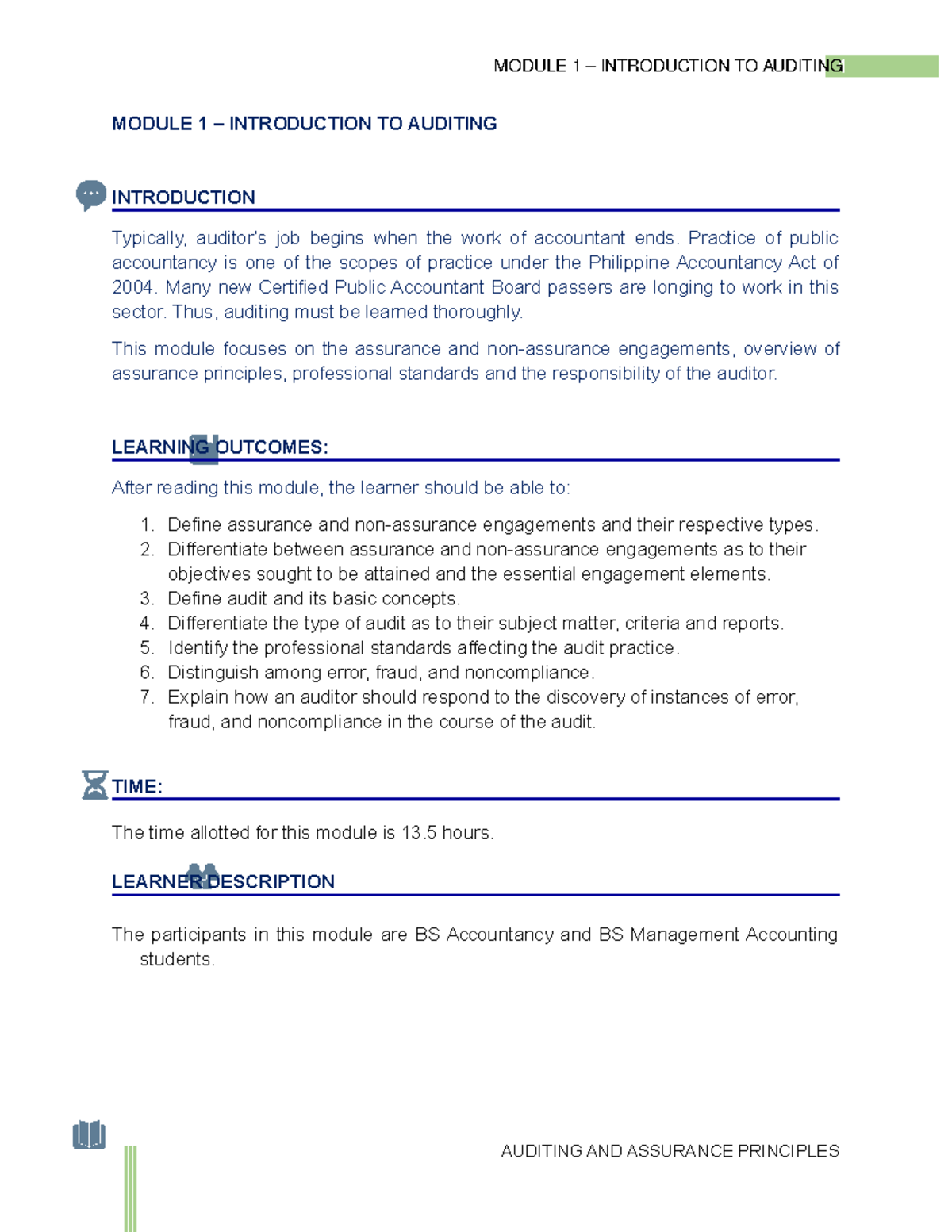 Module 1 - Introduction to Auditing - MODULE 1 – INTRODUCTION TO AUDITING INTRODUCTION Typically ...