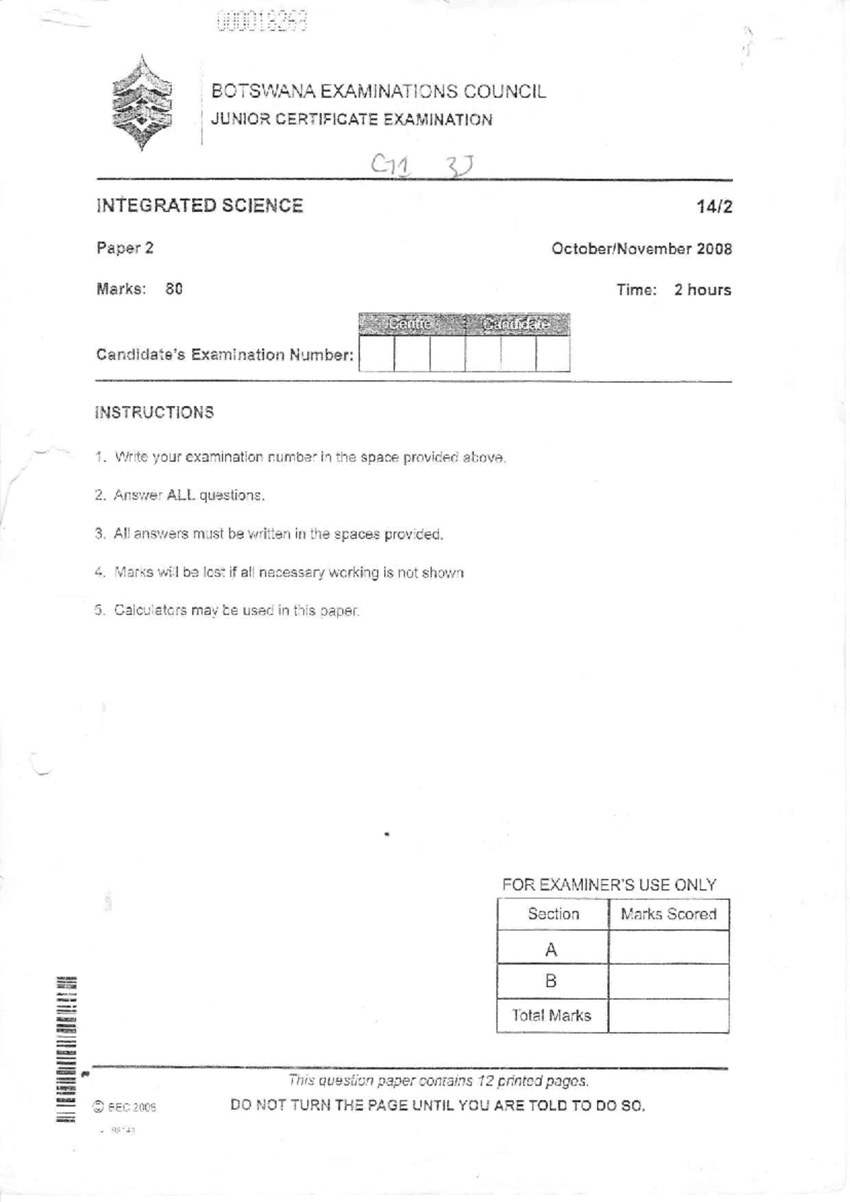 Botswana Examinations Council Junior Certificate Integrated Science ...