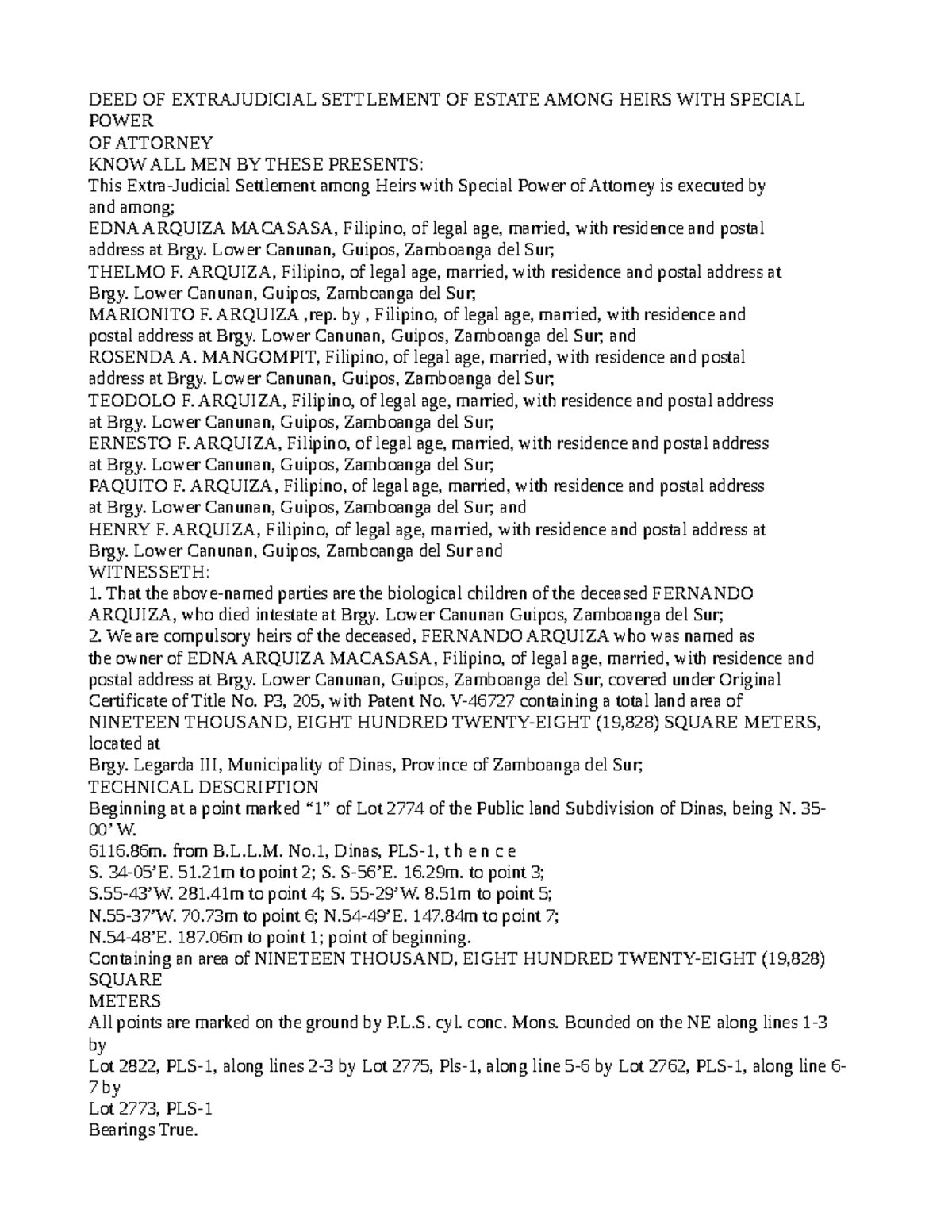 Deed of Extrajudicial Settlement Among Heirs with Special Power of ...