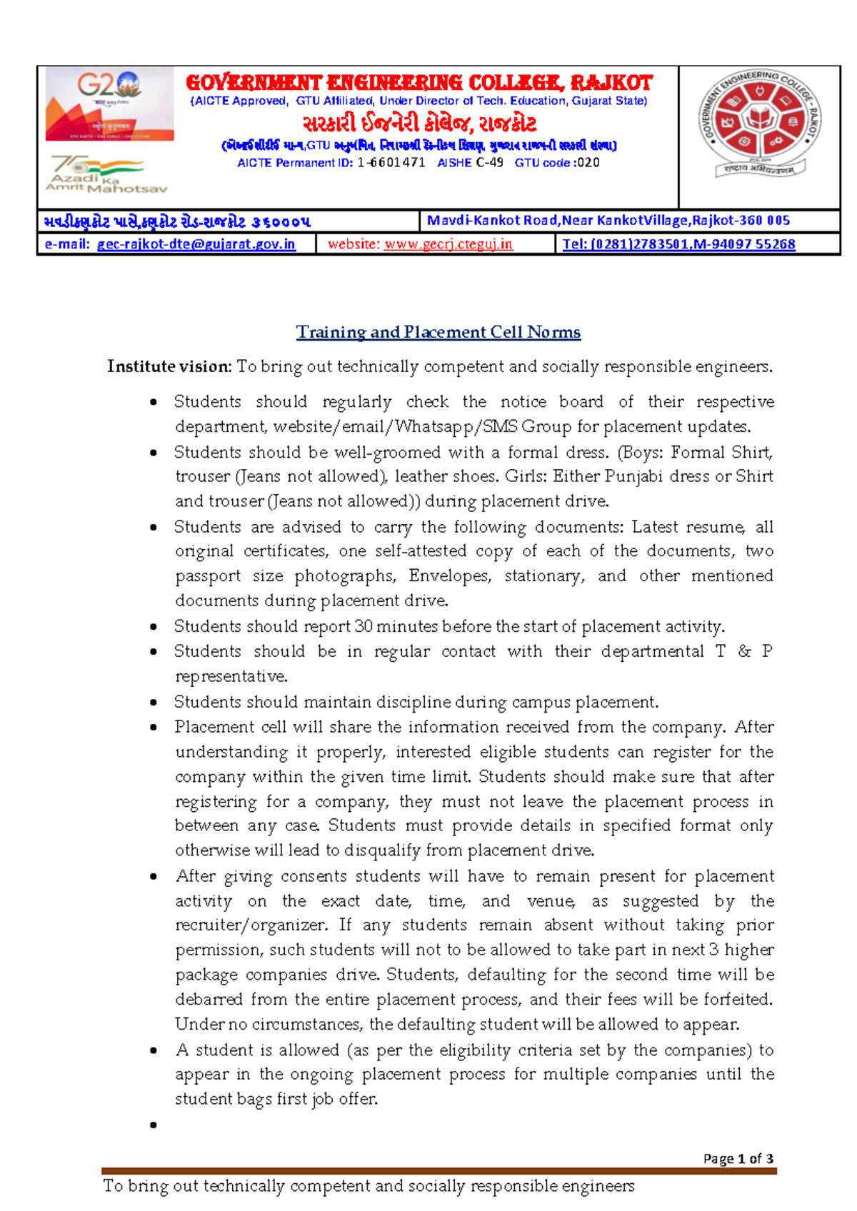 Placement Drive Norms for Final Year Students at GECR (GTU Code: 020 ...