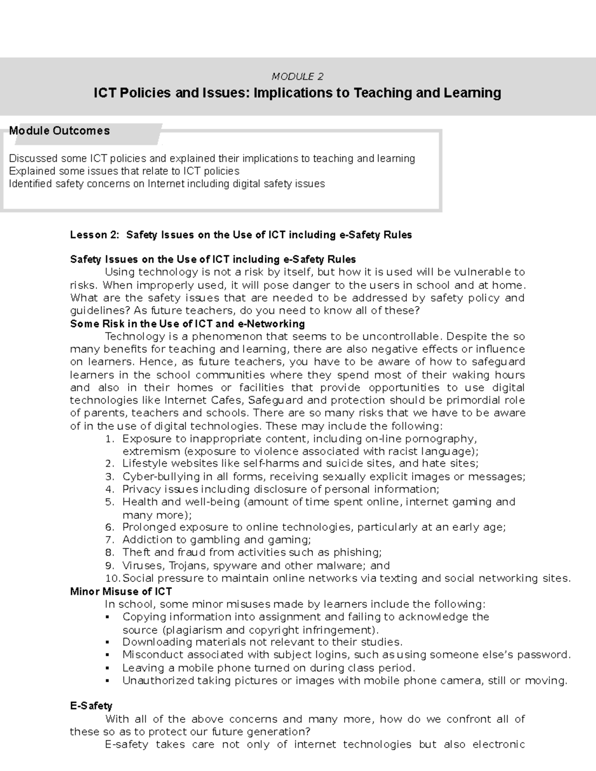 Module 2 Lesson 2: E-Safety Rules & Safety Concerns in ICT Use - Studocu