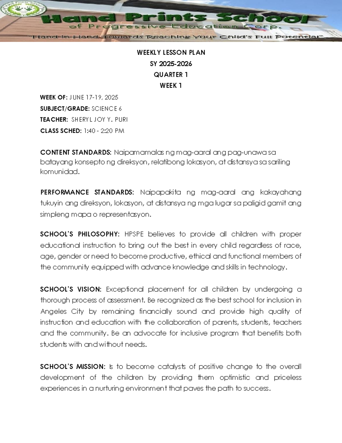 WEEKLY LESSON PLAN SY 2025: SCIENCE 6 - WEEK 1 - Studocu