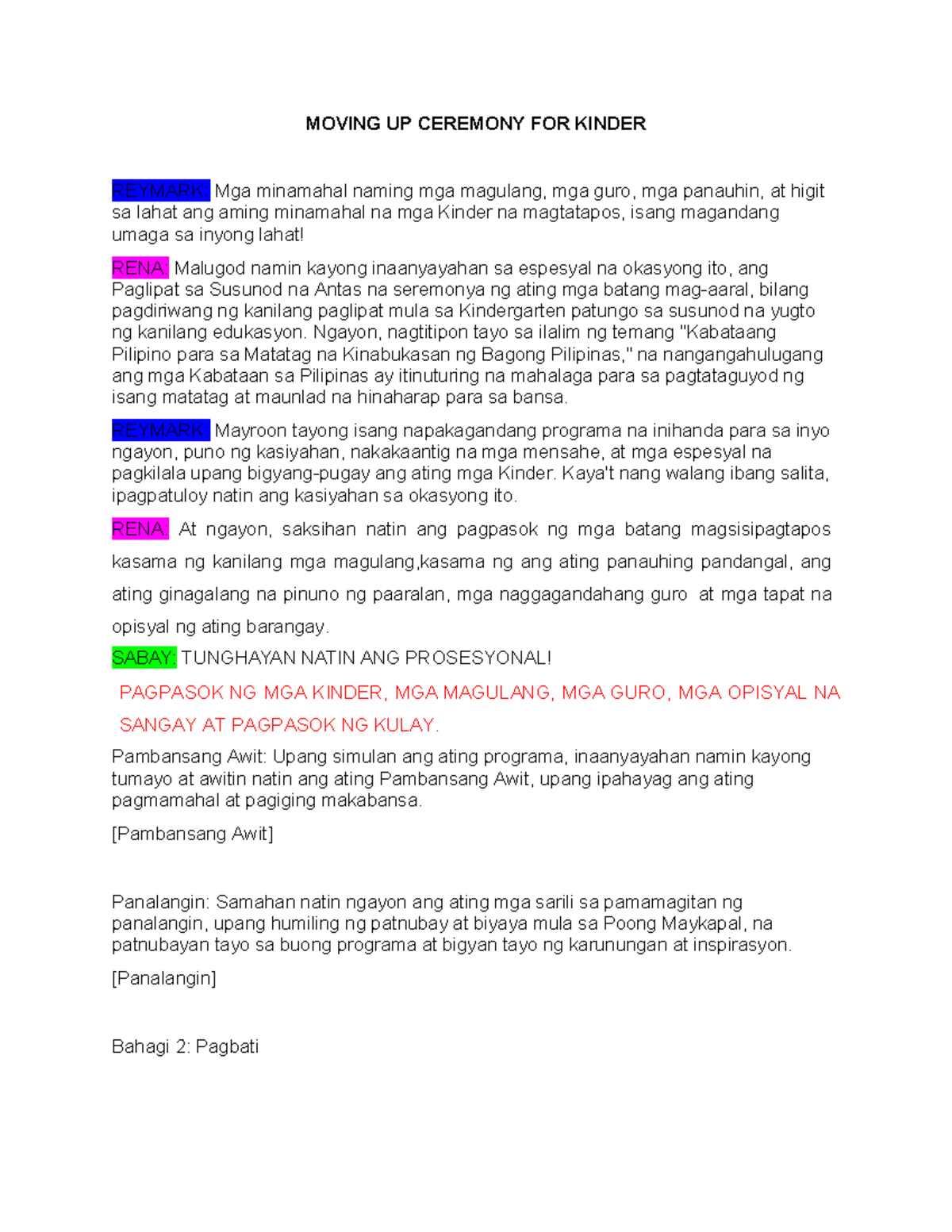 Moving UP Script - MOVING UP CEREMONY FOR KINDER REYMARK: Mga minamahal ...
