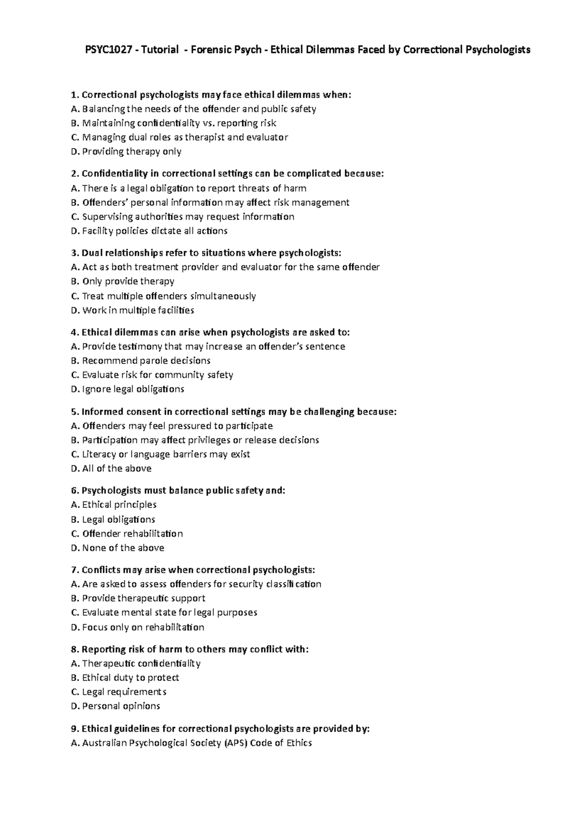 PSYC1027 Tutorial: Ethical Dilemmas in Forensic Psychology for ...
