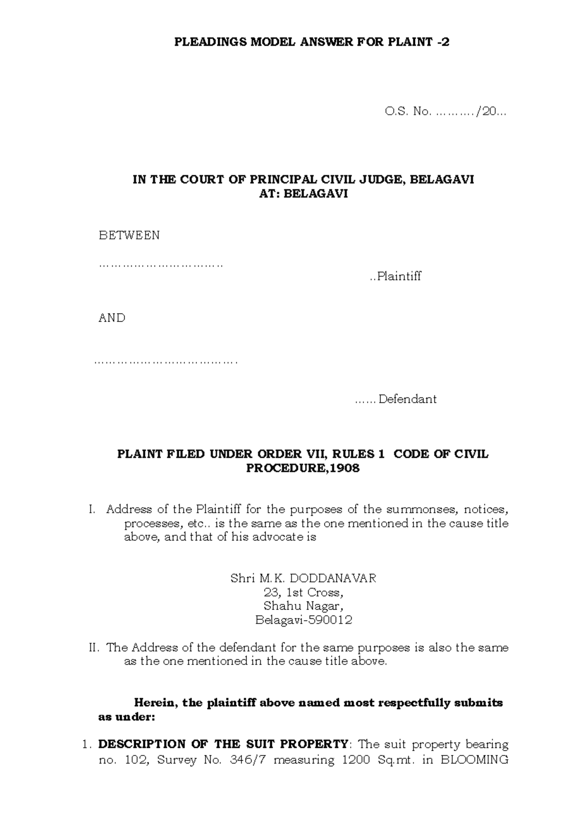 O.S. No. Pleadings Model Answer for Immovable Property Case - Studocu