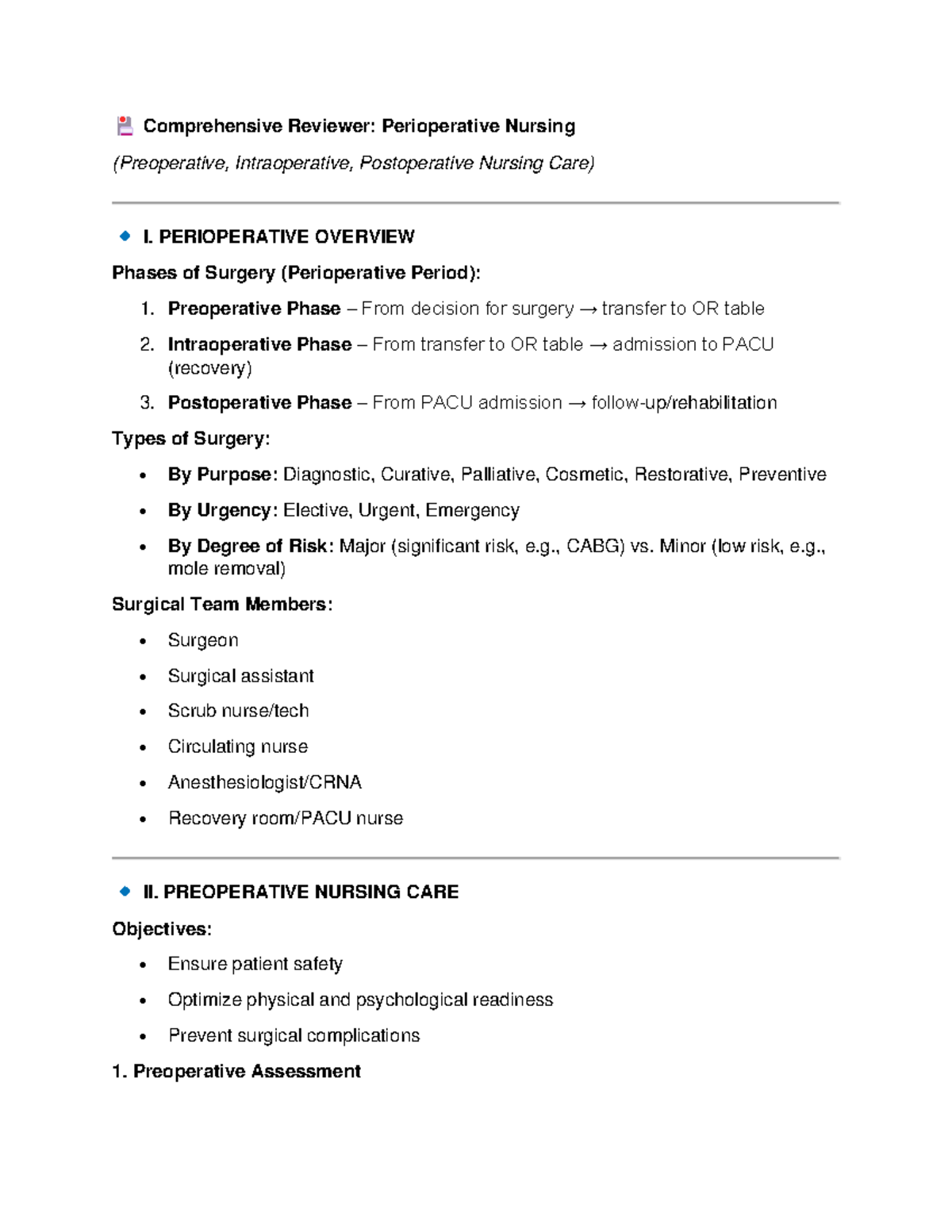 PRE-OP OR Reviewer: Comprehensive Nursing Care Notes (NUR 101) - Studocu