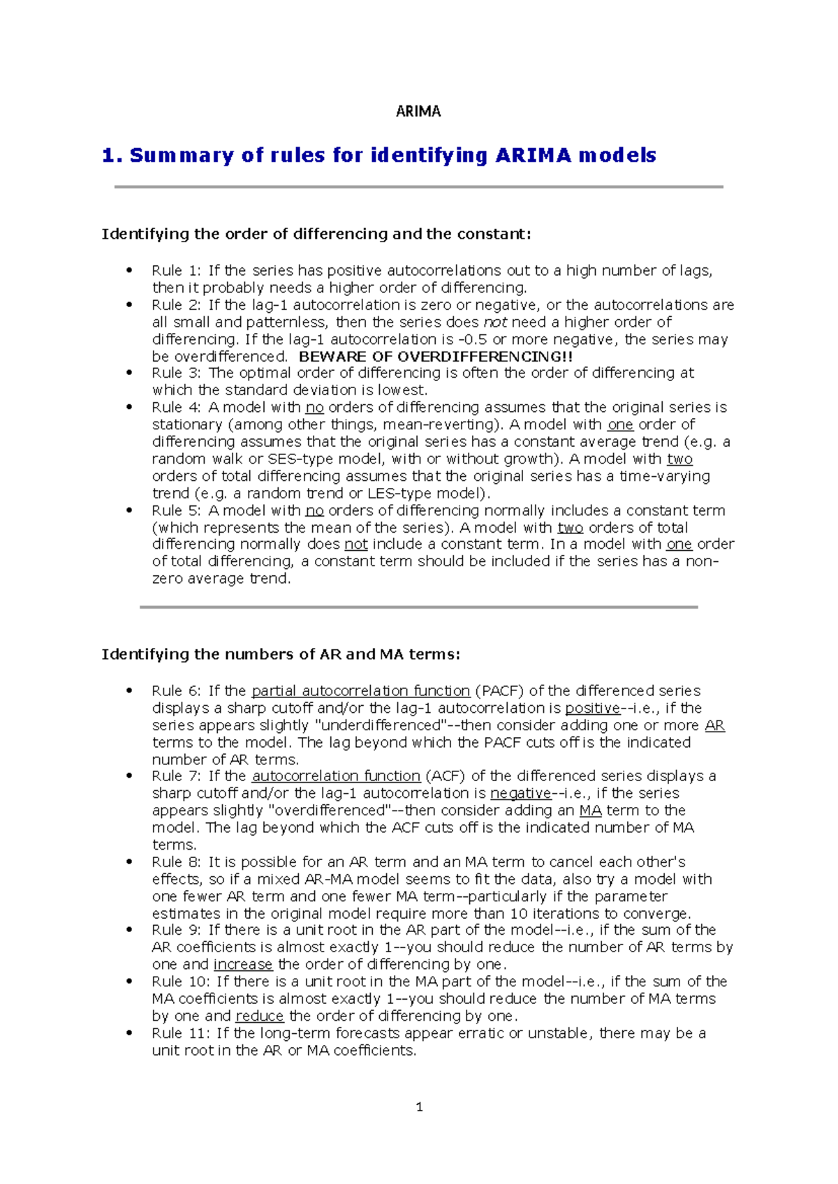 ARIMA 1: Rules for Identifying ARIMA Models and Seasonal Components ...